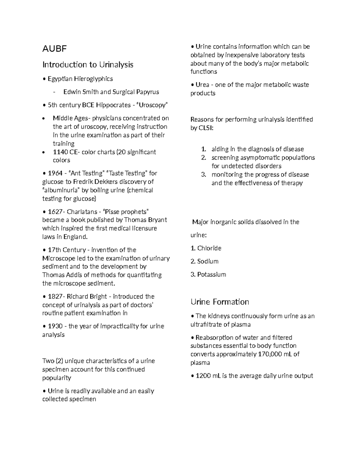 AUBF - AUBF notes for midterms - AUBF Introduction to Urinalysis ...