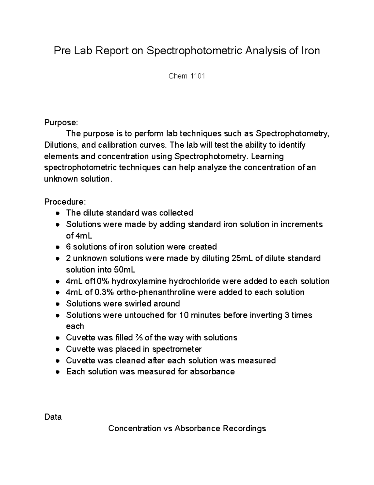 Pre Lab Report on Iron - Pre Lab Report on Spectrophotometric Analysis ...