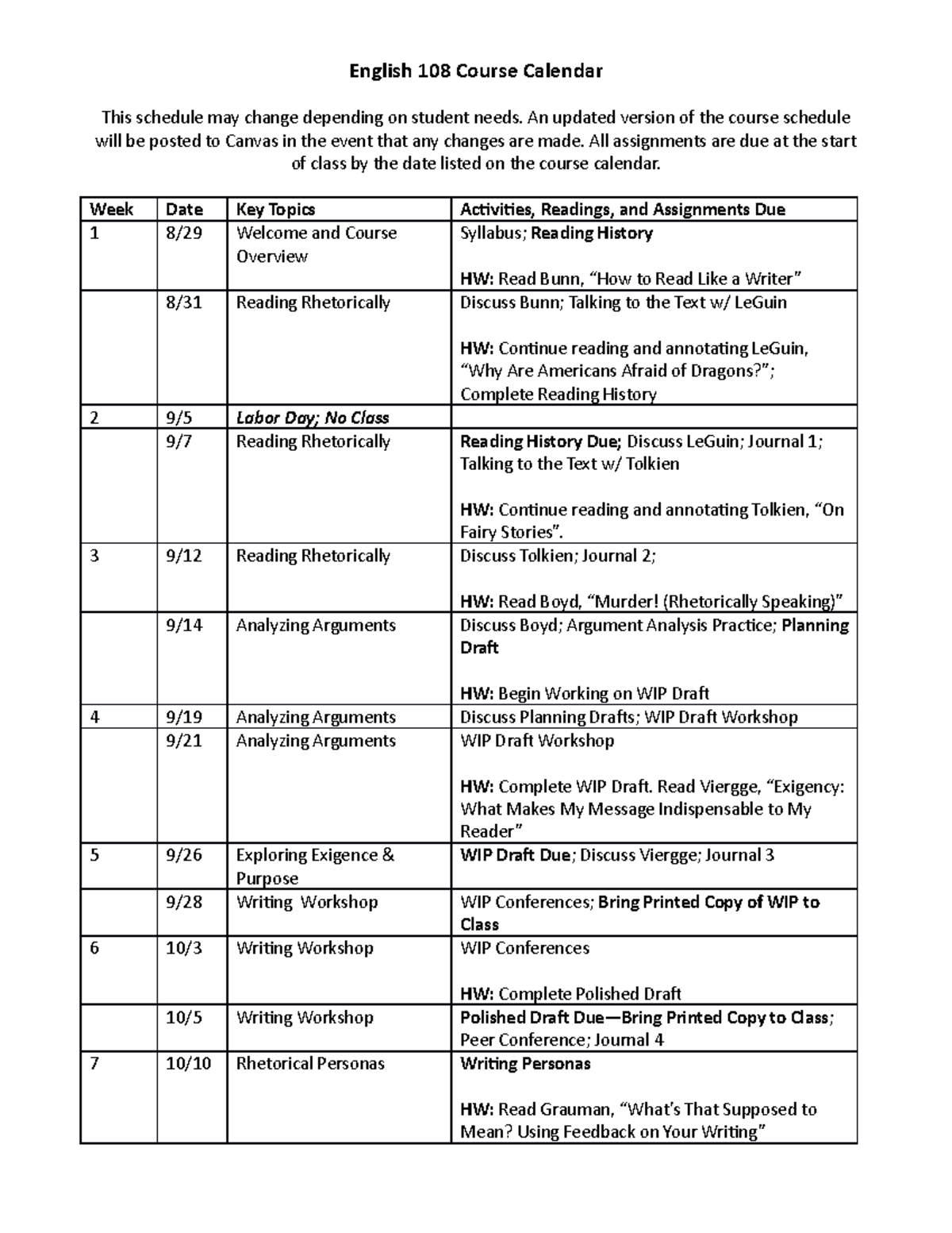 ENG 108 Course Schedule - English 108 Course Calendar This schedule may ...