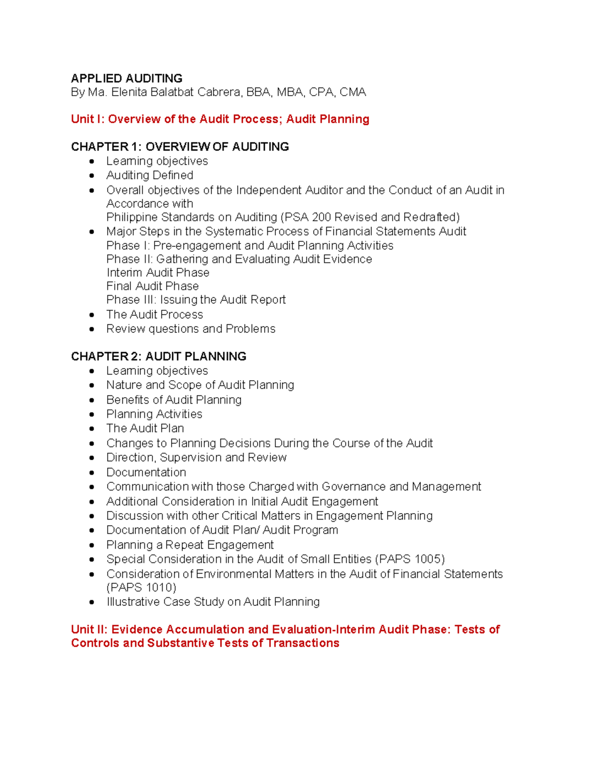 Applied Auditing Table Of Contents Compress Applied Auditing By Ma Elenita Balatbat Cabrera