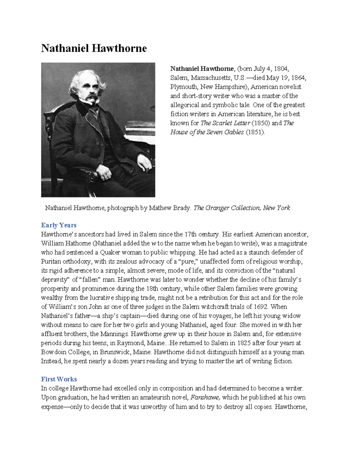 Nathaniel Hawthorne Biography - Nathaniel Hawthorne Early Years ...