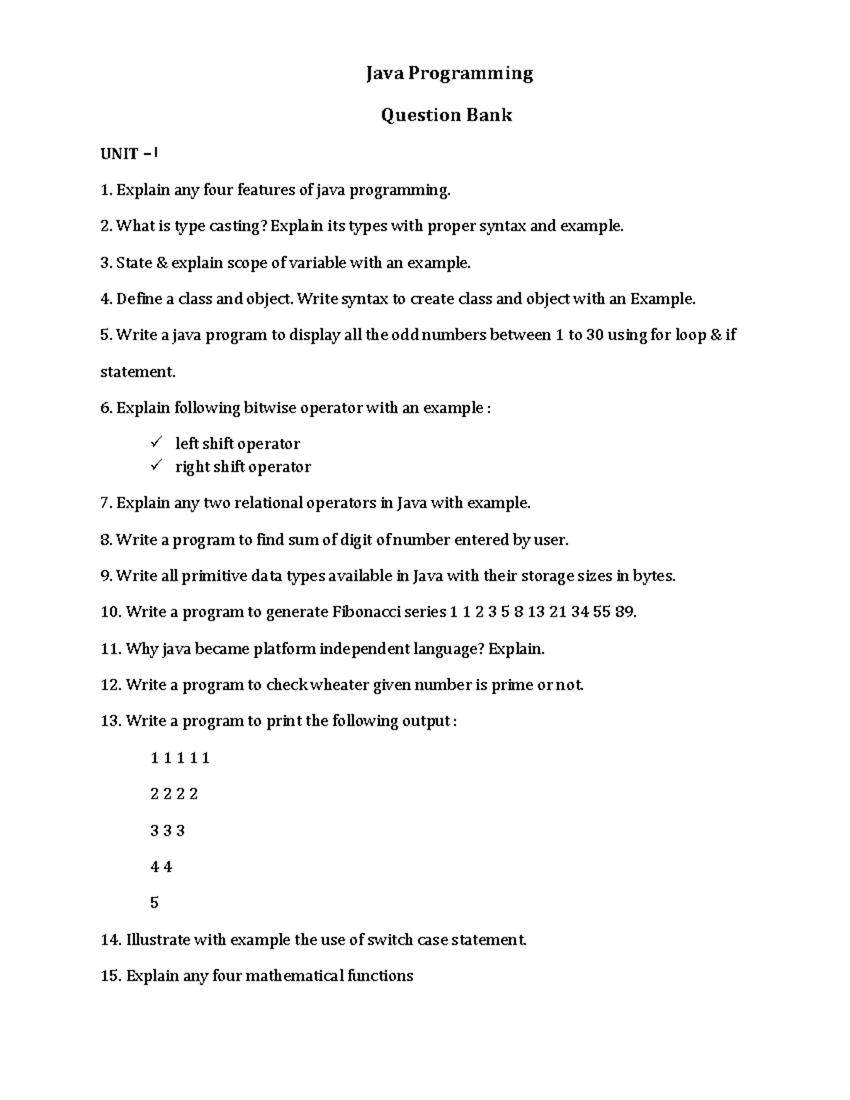 Java Programming Question Bank Long Question Bank Unit Explain Any Four Features Of Java