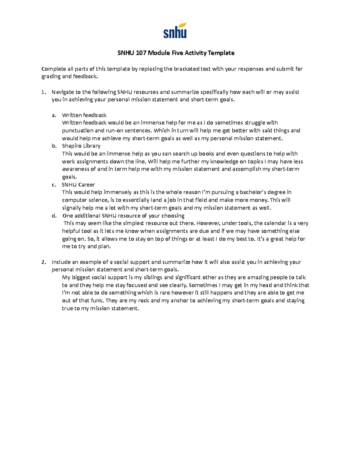 SNHU 107 Module one - SNHU 107 Module Five Activity Template Complete ...