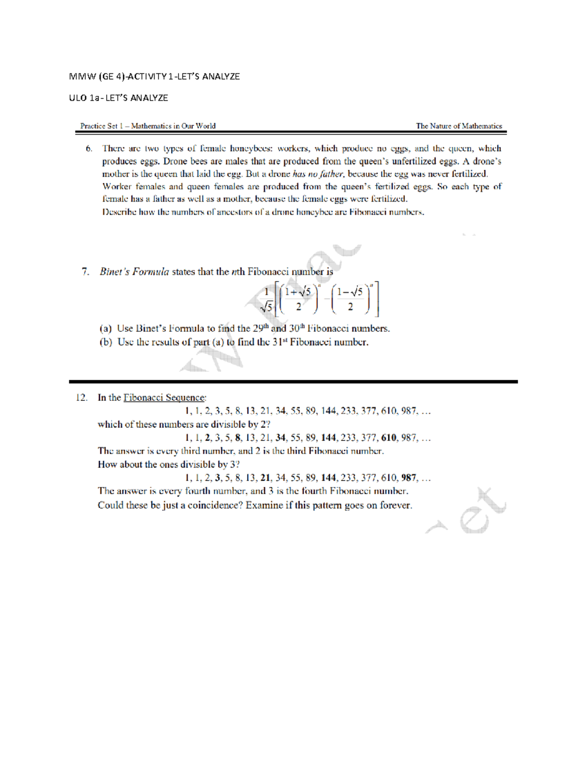 MMW Activity ULO 1a LETS Analyze - Mathematics for the modern world - MMW (GE 4)-ACTIVITY 1-LET ...