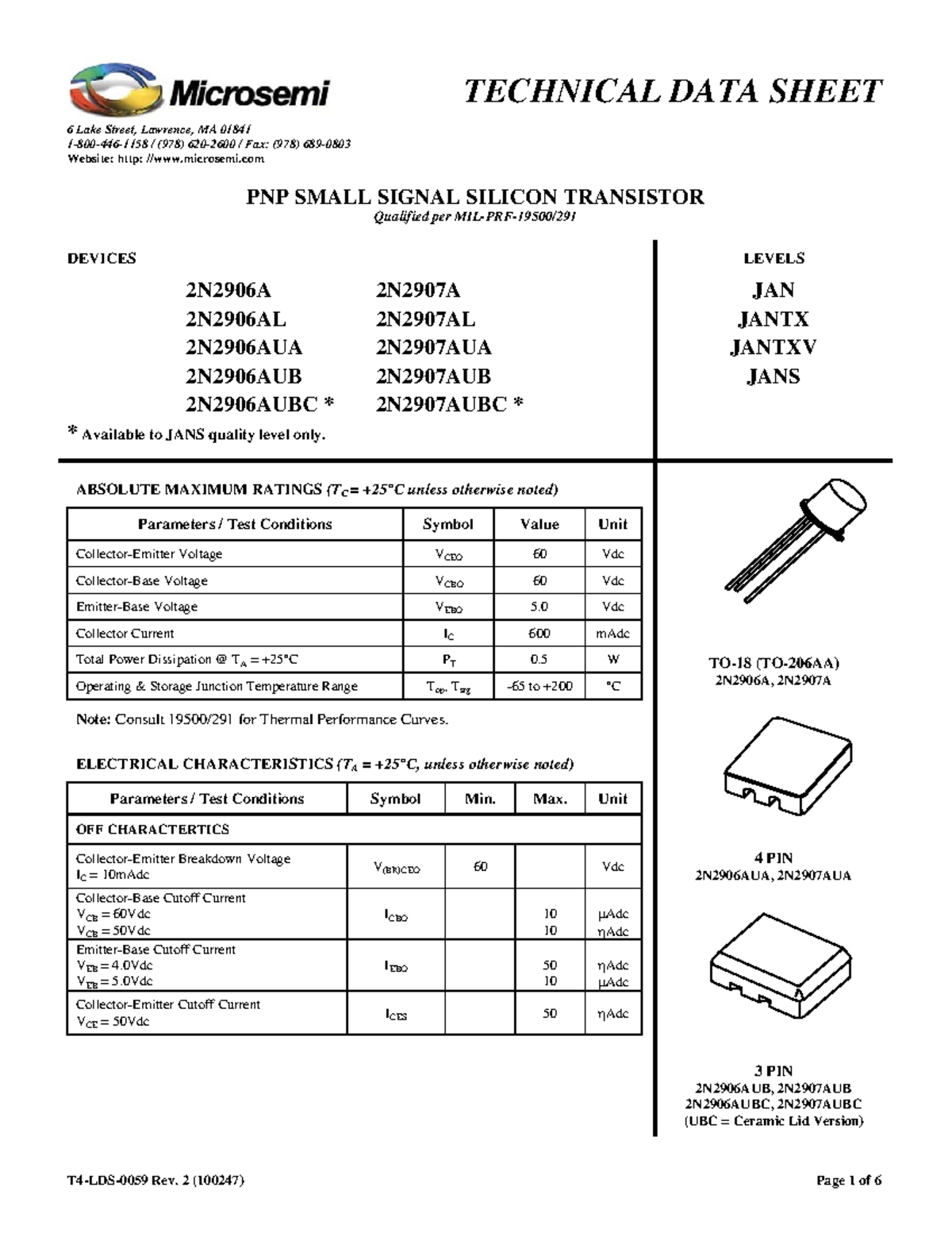 2N2907A Microsemi Corporation - 6 Lake Street, Lawrence, MA 01841 1-800 ...
