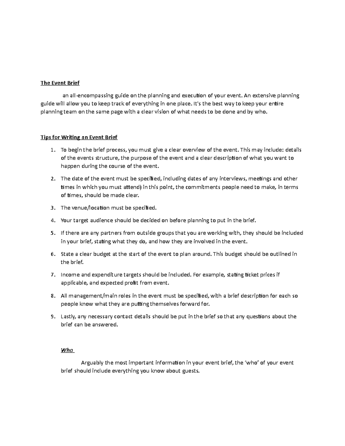 The Event Brief - An extensive planning guide will allow you to keep ...