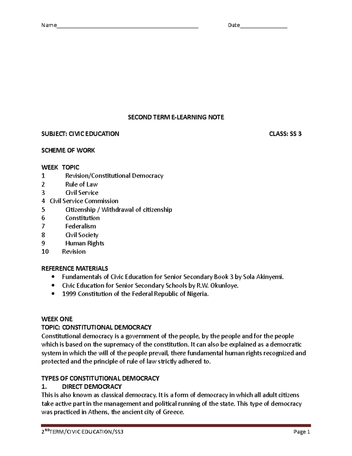 2ND TERM S3 Civic Education - SECOND TERM E-LEARNING NOTE SUBJECT ...