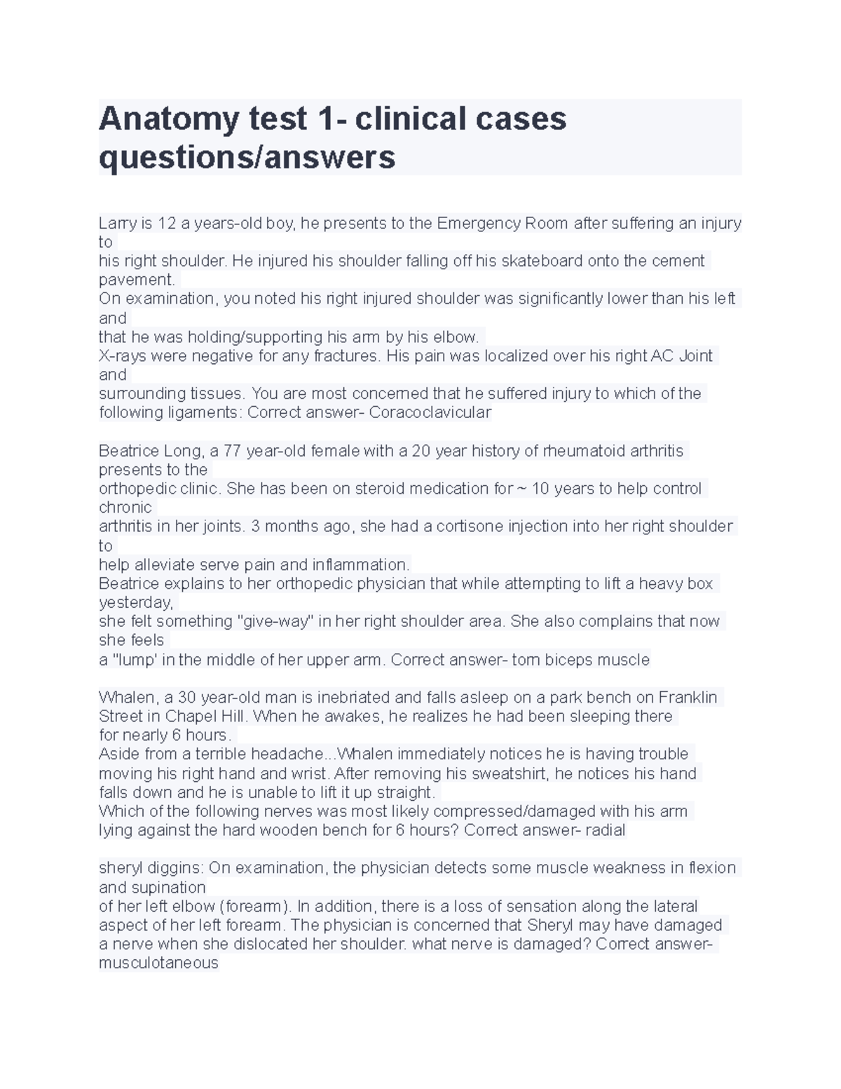 Anatomy test 1- clinical cases questions/answers - Anatomy test 1 ...