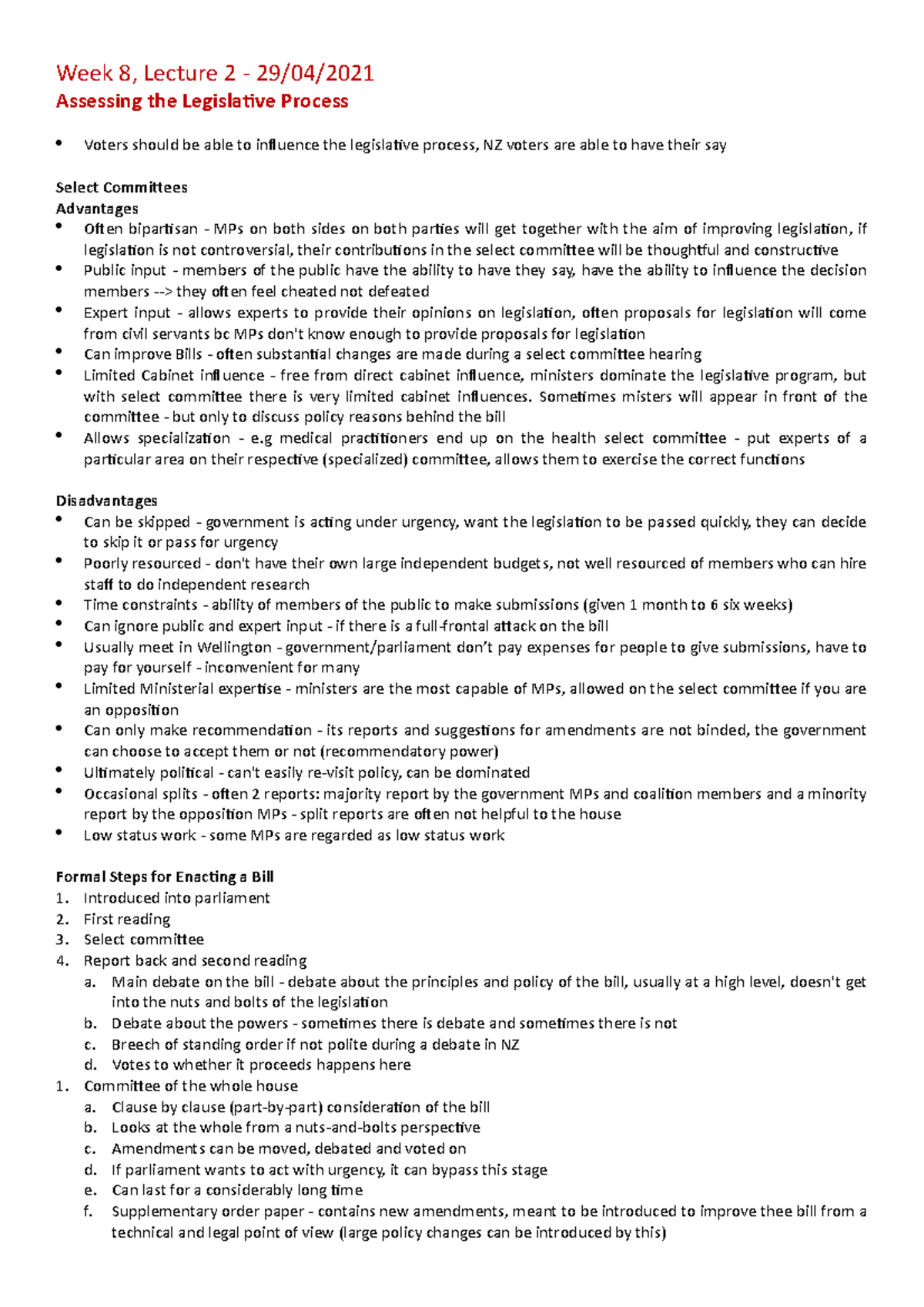 LAWS121 Week 8 Lecture 2 on Assessing the Legislative Process - Week 8, Lecture 2 - 29/04 ...
