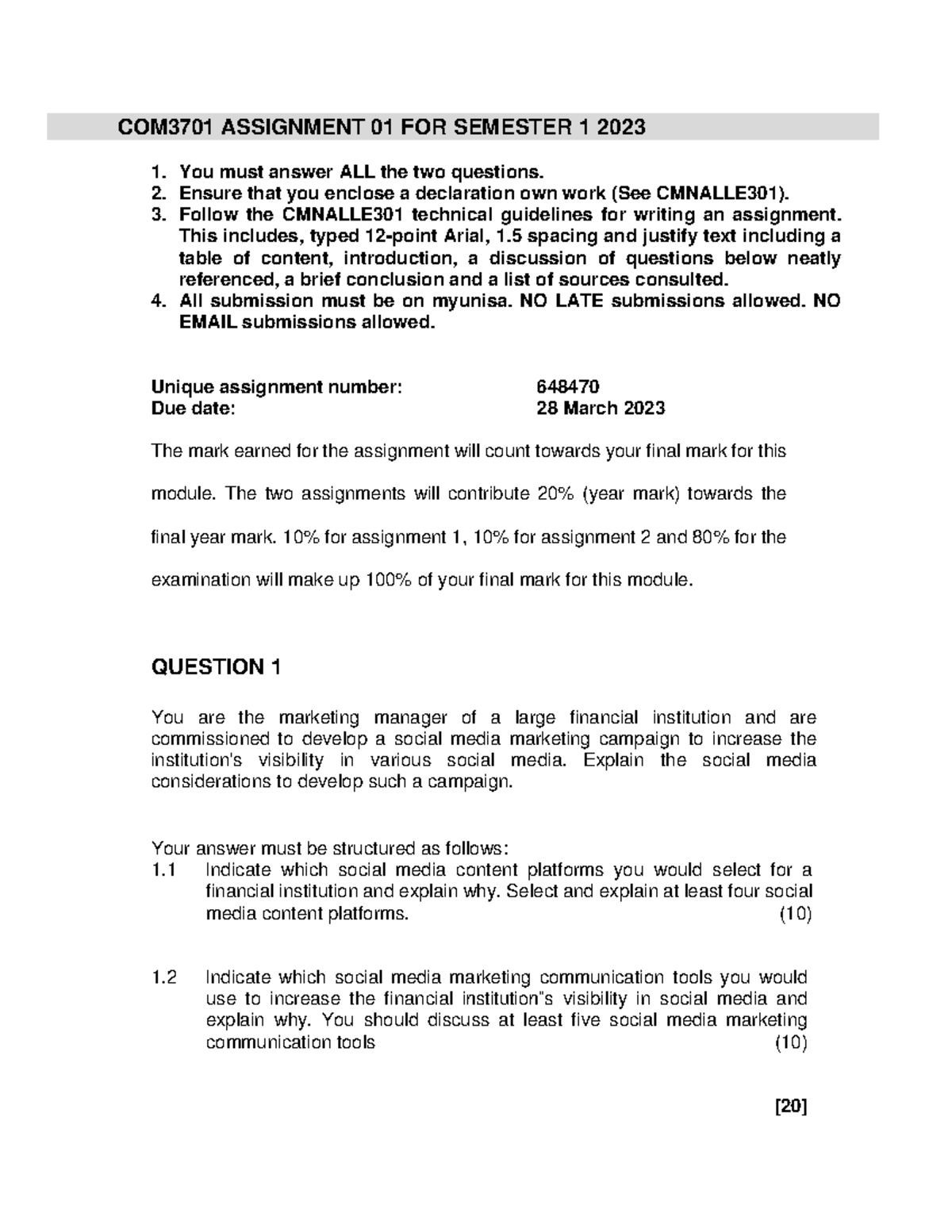 Assignment 01 FOR Semester 1 230215 134542 - COM3701 ASSIGNMENT 01 FOR SEMESTER 1 2023 You must ...