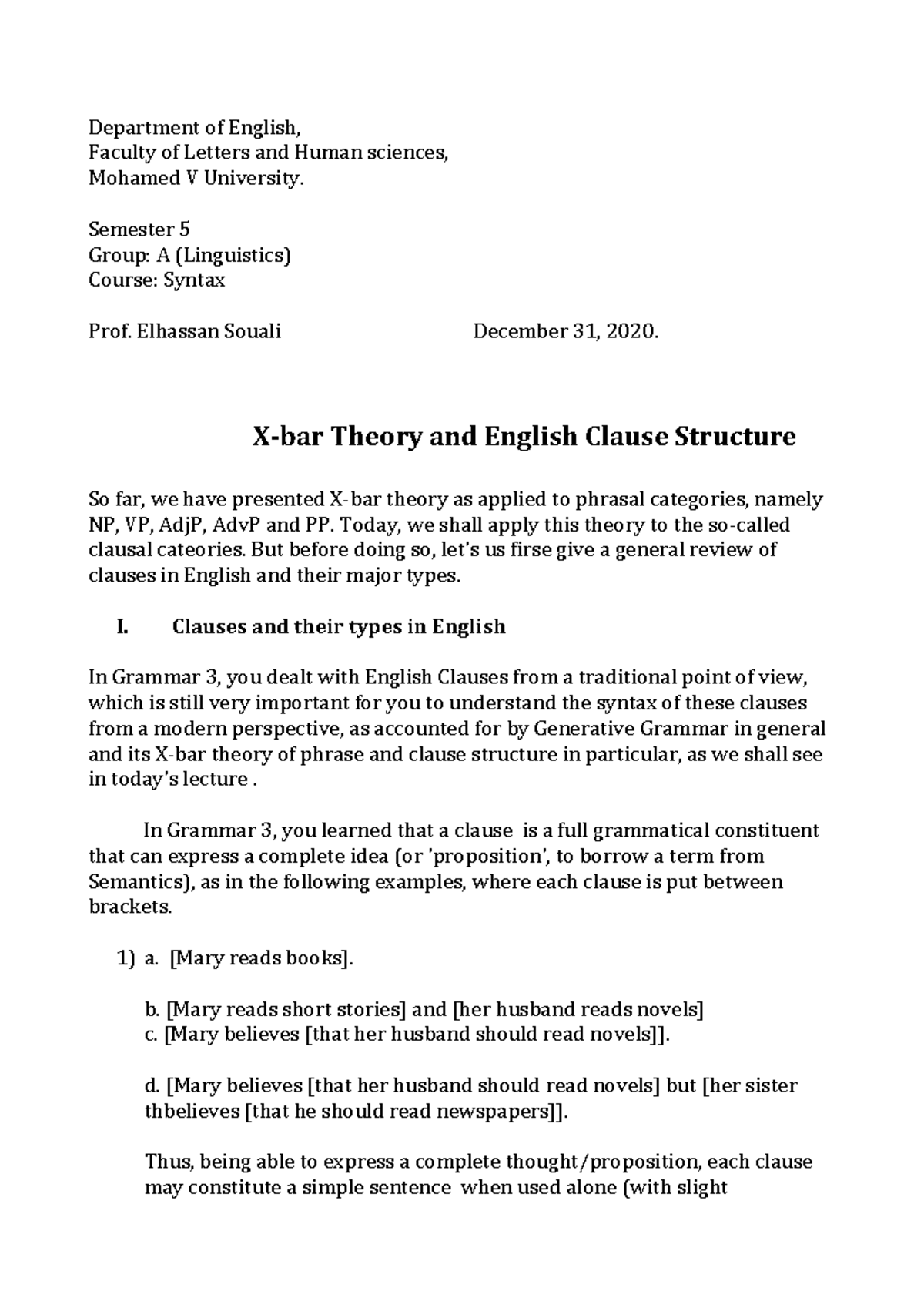 Syntax, Clause Structure - Department of English, Faculty of Letters ...