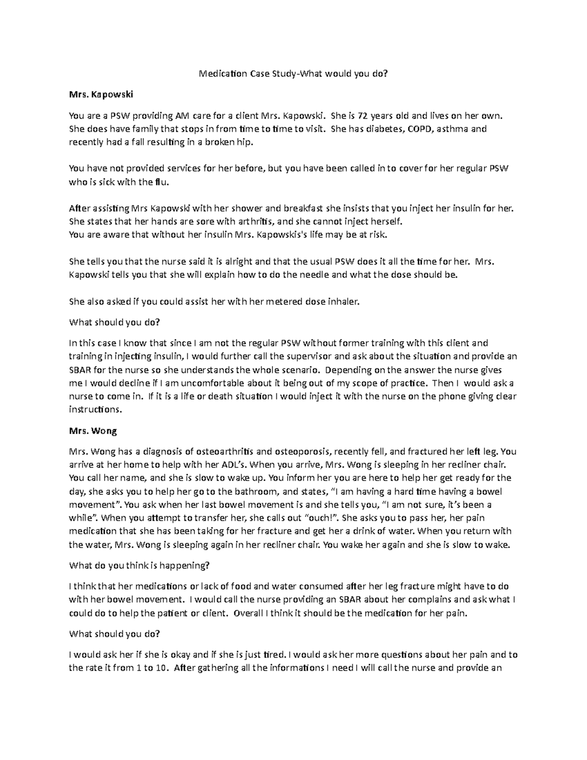 Medication Case Study What would you do SV - Medica'on Case Study-What ...