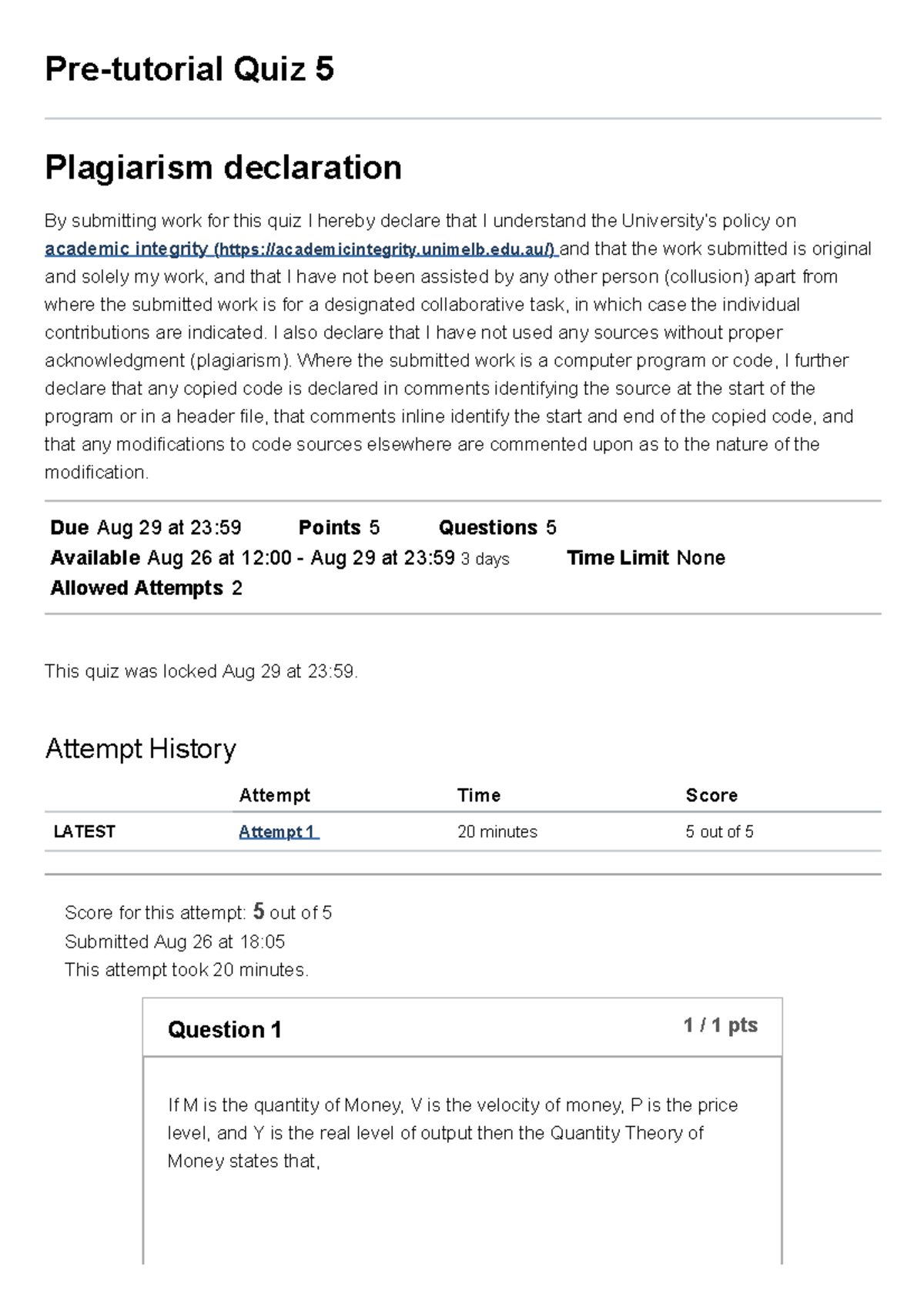 Pre-tutorial Quiz 5 answer 2021 sem2 - ECON10003 - Unimelb - Studocu