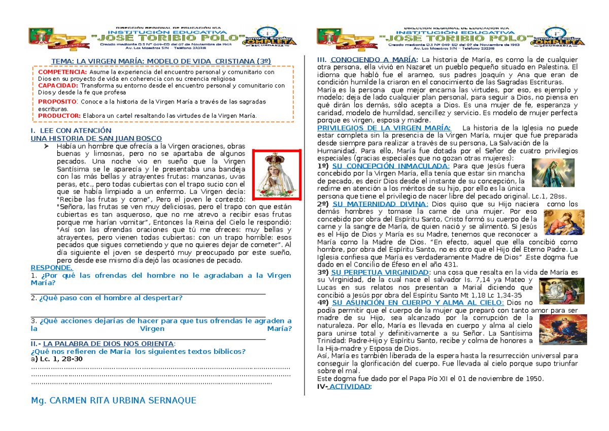 Maria modelo de nuestra fe - Ficha - Imprimir - TEMA: LA VIRGEN MARÍA ...