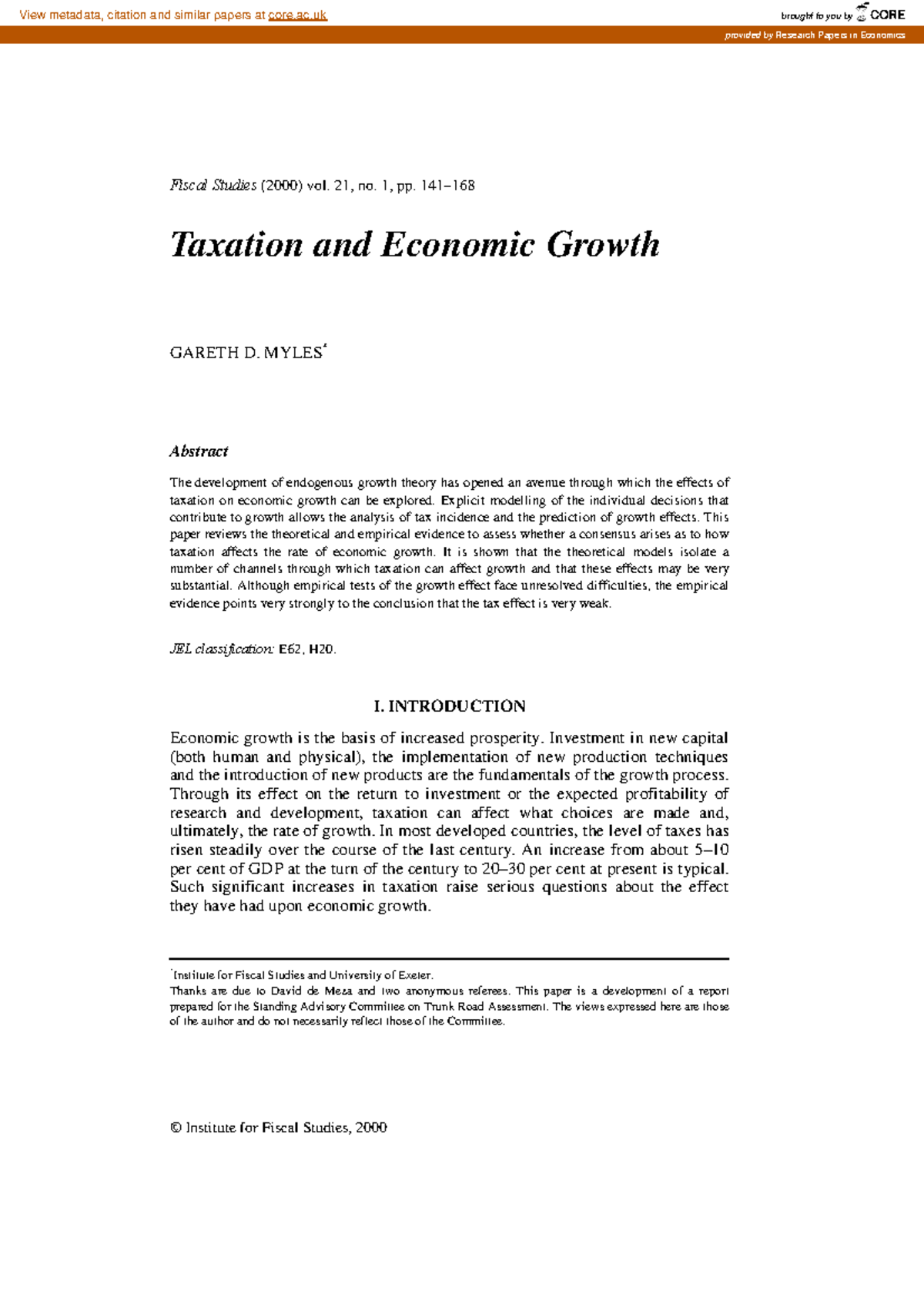 Taxation and Economic Growth - Fiscal Studies (2000) vol. 21, no. 1, pp ...