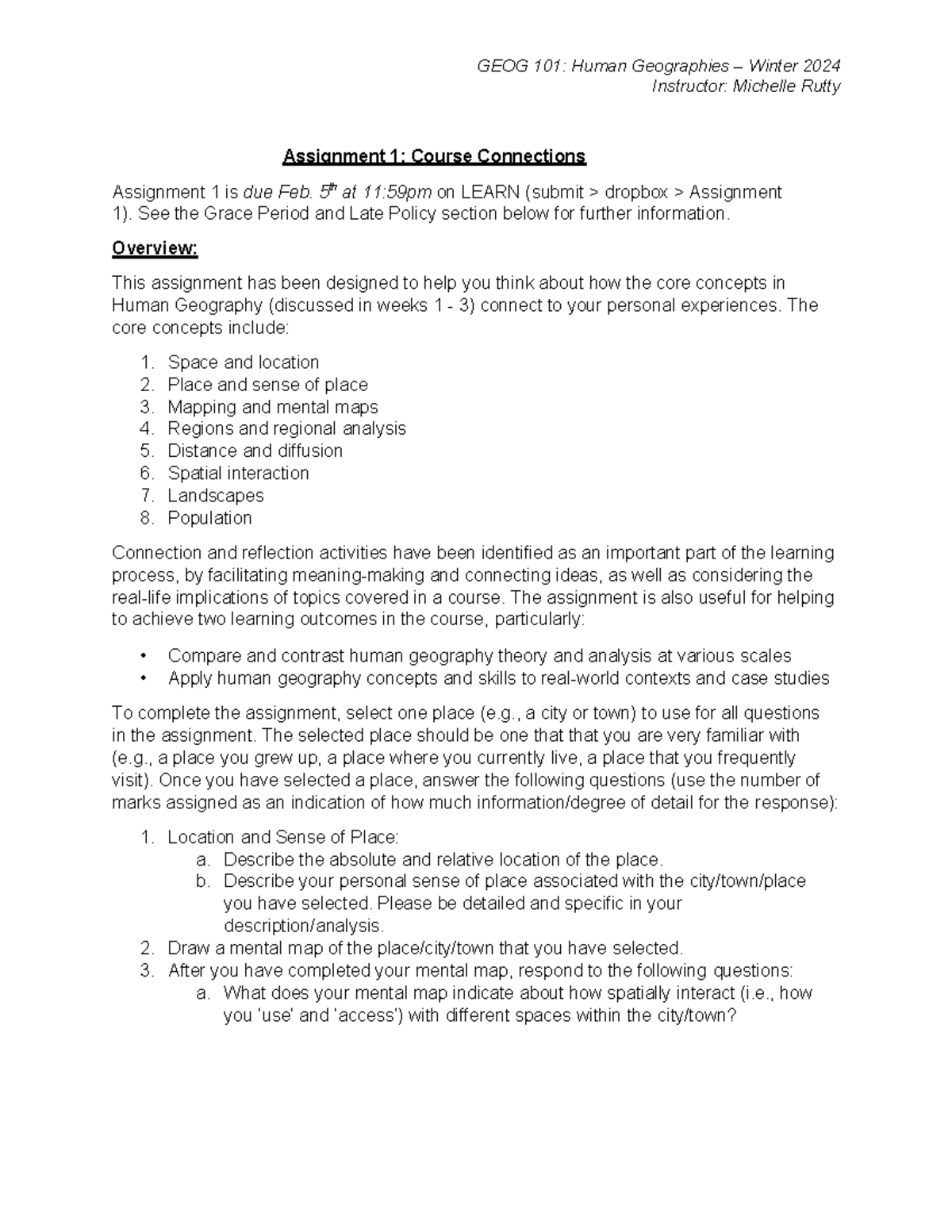 Assignment 1 Instructions - Instructor: Michelle Rutty Assignment 1: Course Connections ...