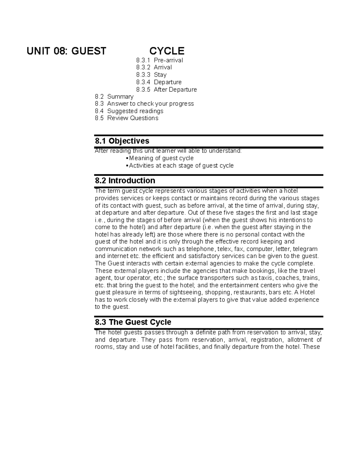 UNIT 08 - The term guest cycle represents various stages of activities ...