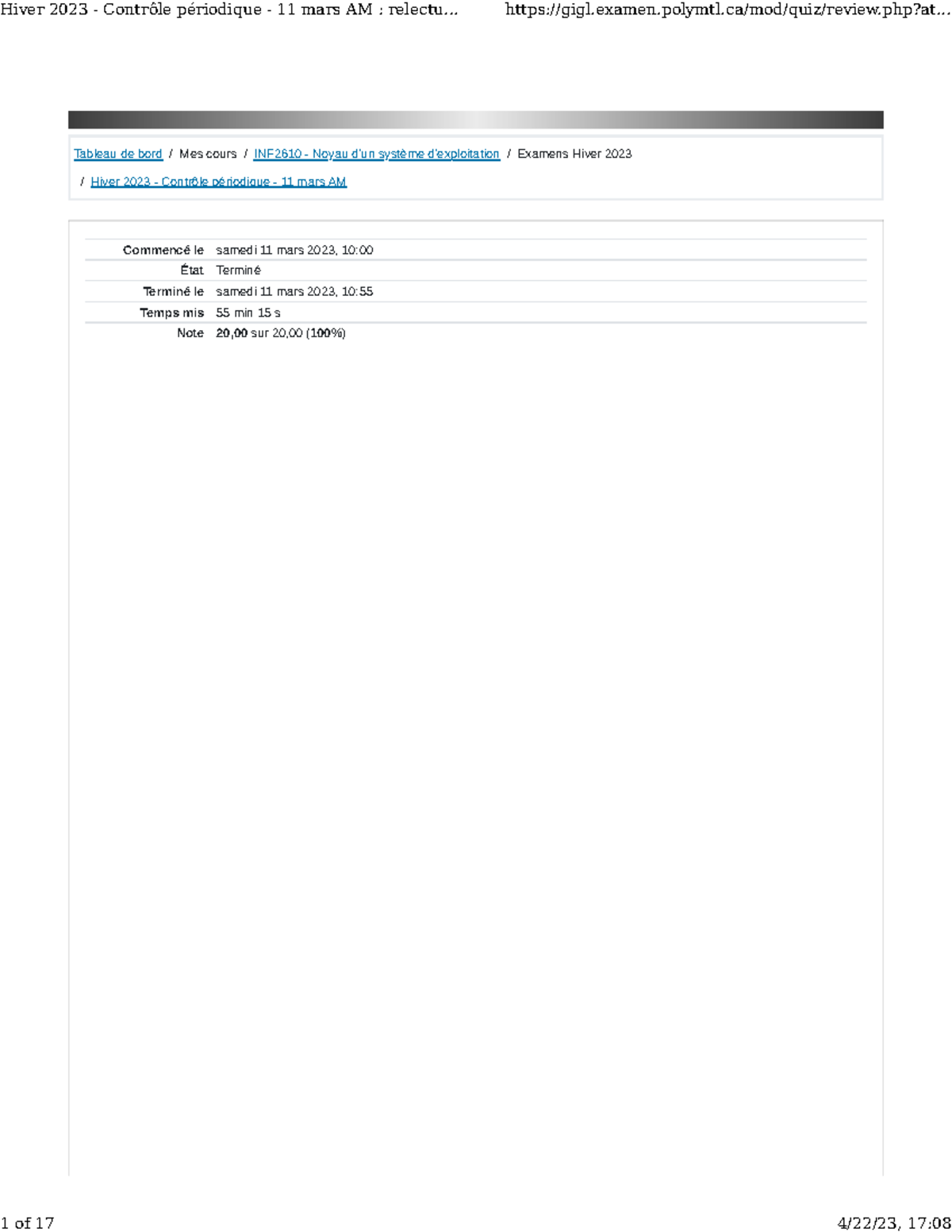 INF2610 Intra 1 H2023 QS - Tableau de bord / Mes cours / INF2610 - Noyau d'un système d ...