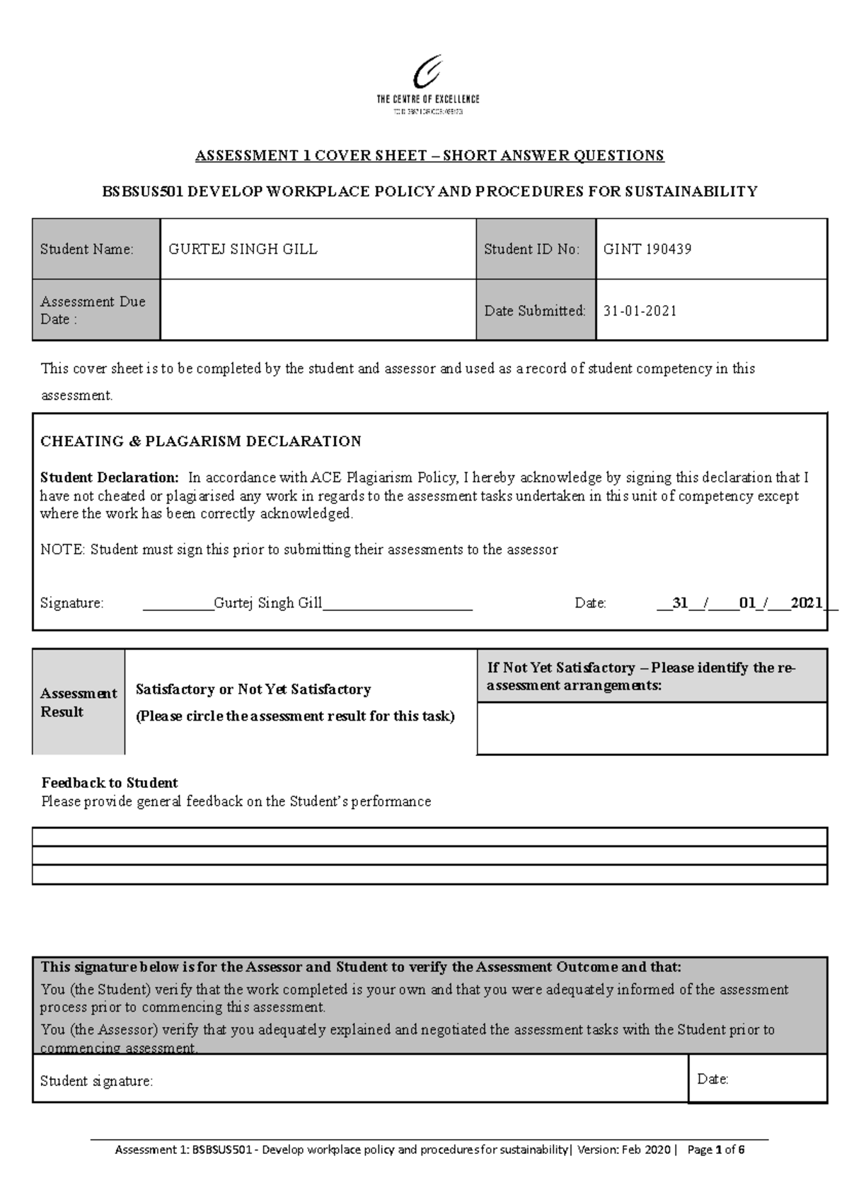 Assessment 1 Short Answer Questions - ASSESSMENT 1 COVER SHEET – SHORT ...