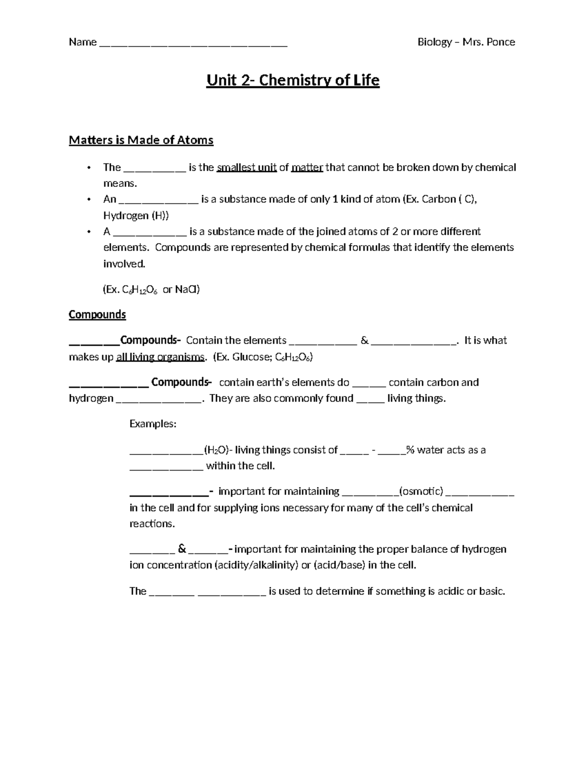 1 Chemistry of Life Graphic Organizer - Name ...