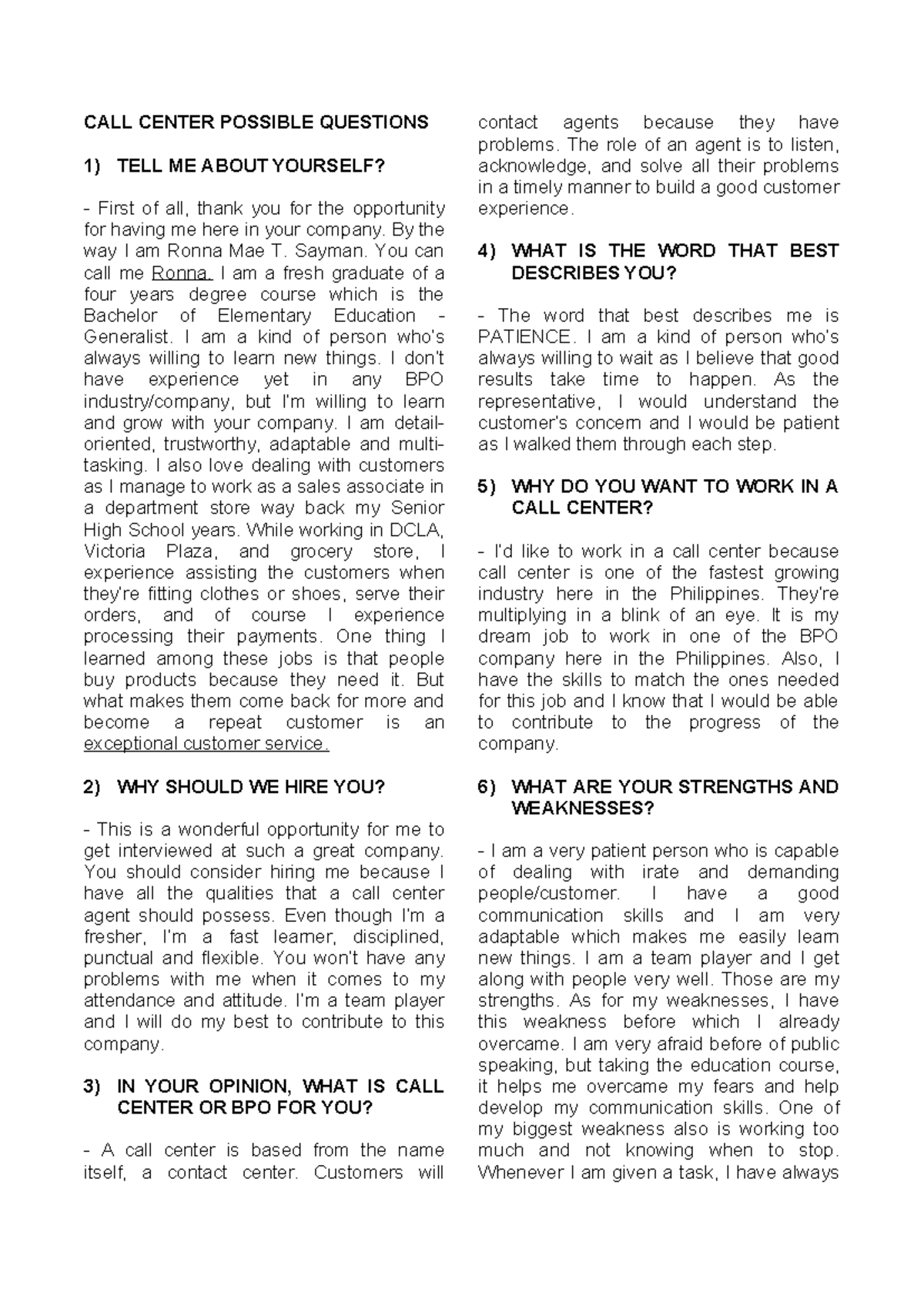 CALL Center Possible Questions - CALL CENTER POSSIBLE QUESTIONS 1) TELL ...