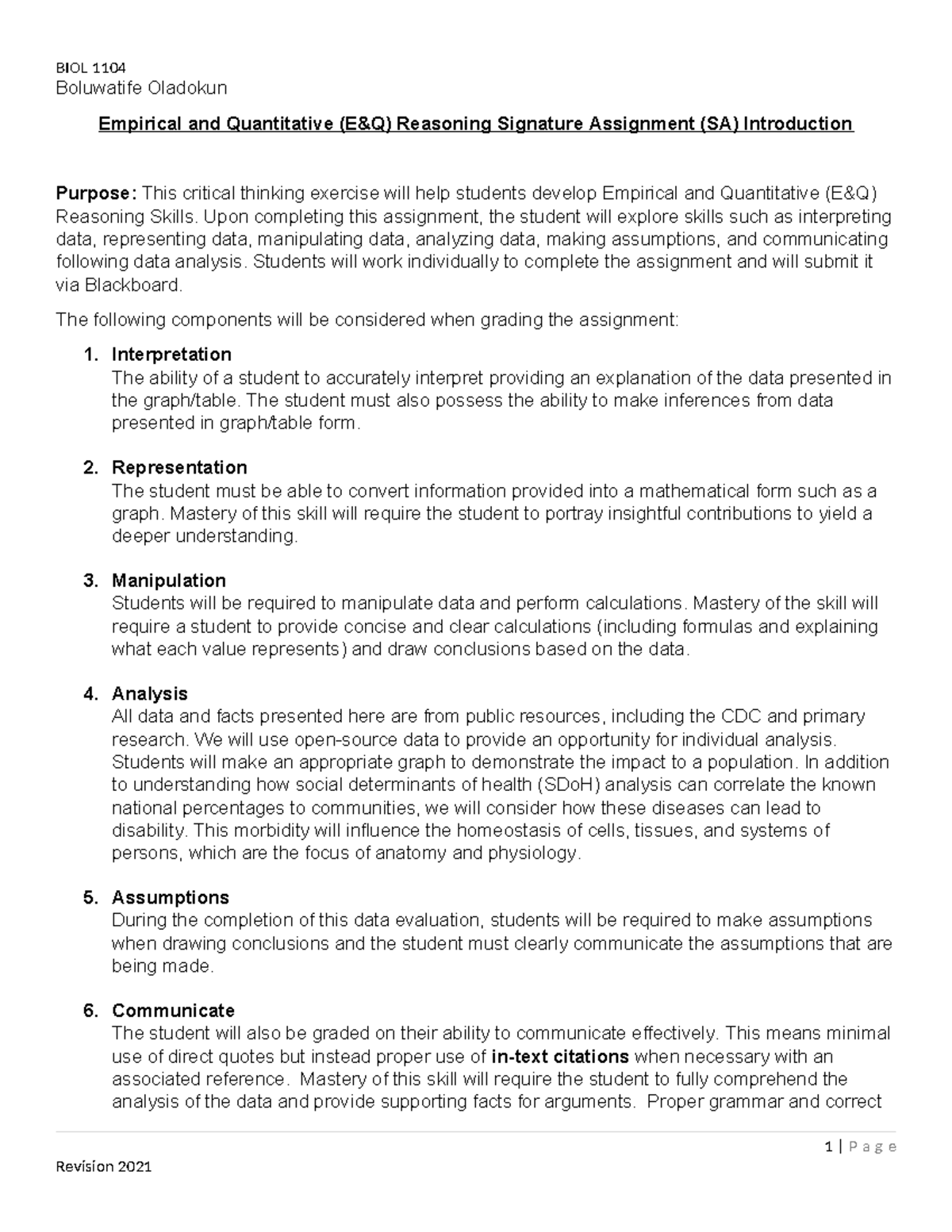 Student Individual Emp Quant Reasoning Signature Assignment BIOL1104 (1 ...