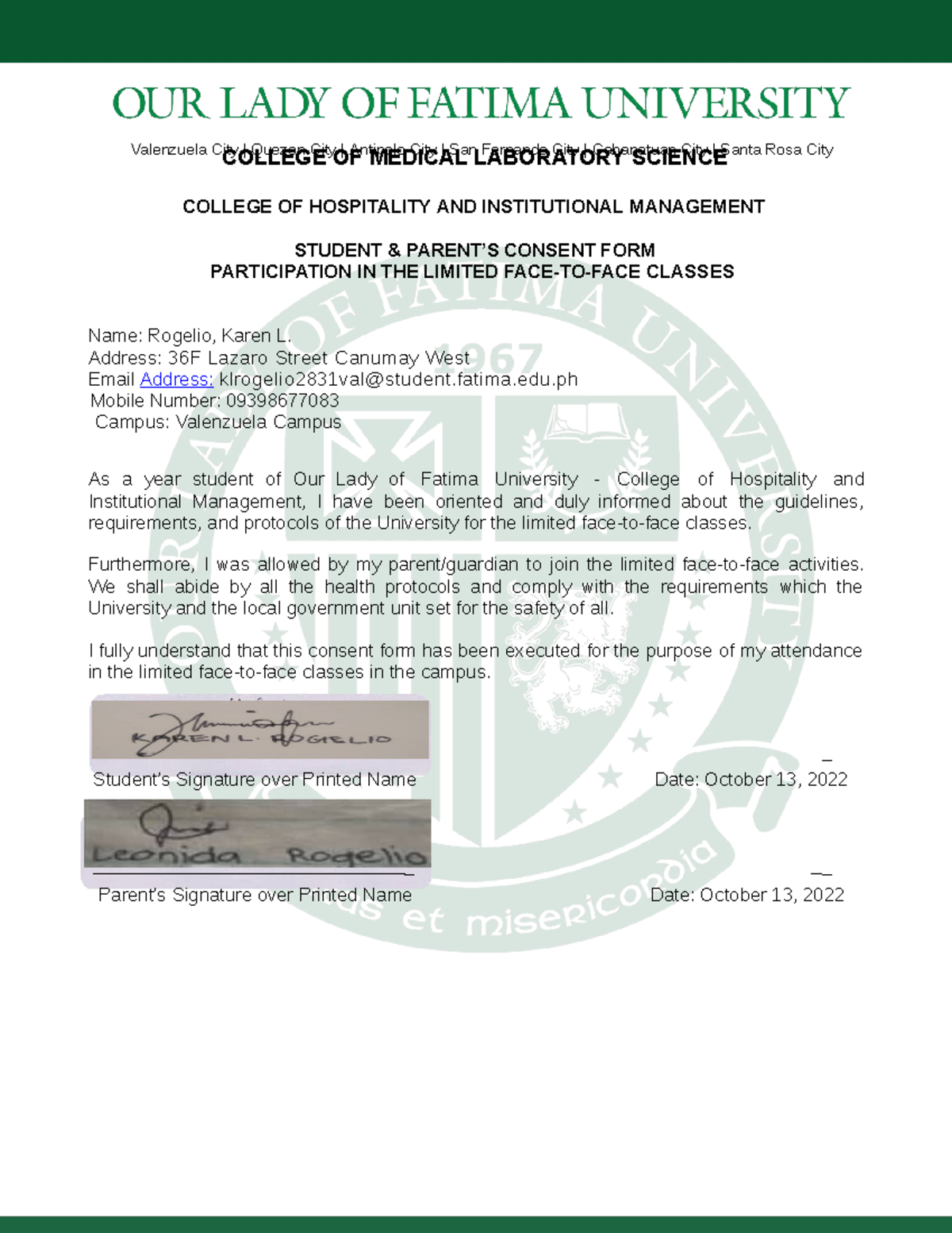 CHIM Consent FORM Participating Students - COLLEGE OF HOSPITALITY AND ...