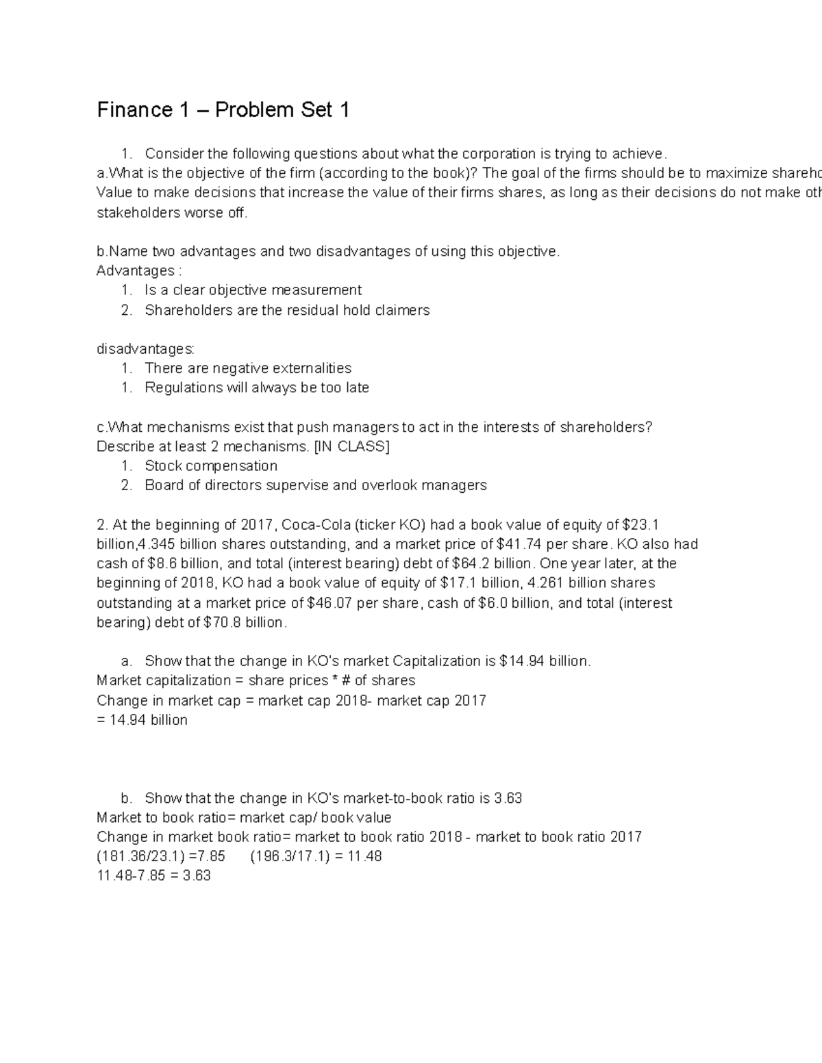 Finance 1 – Problem Set 1 - Finance 1 – Problem Set 1 Consider the following questions about ...