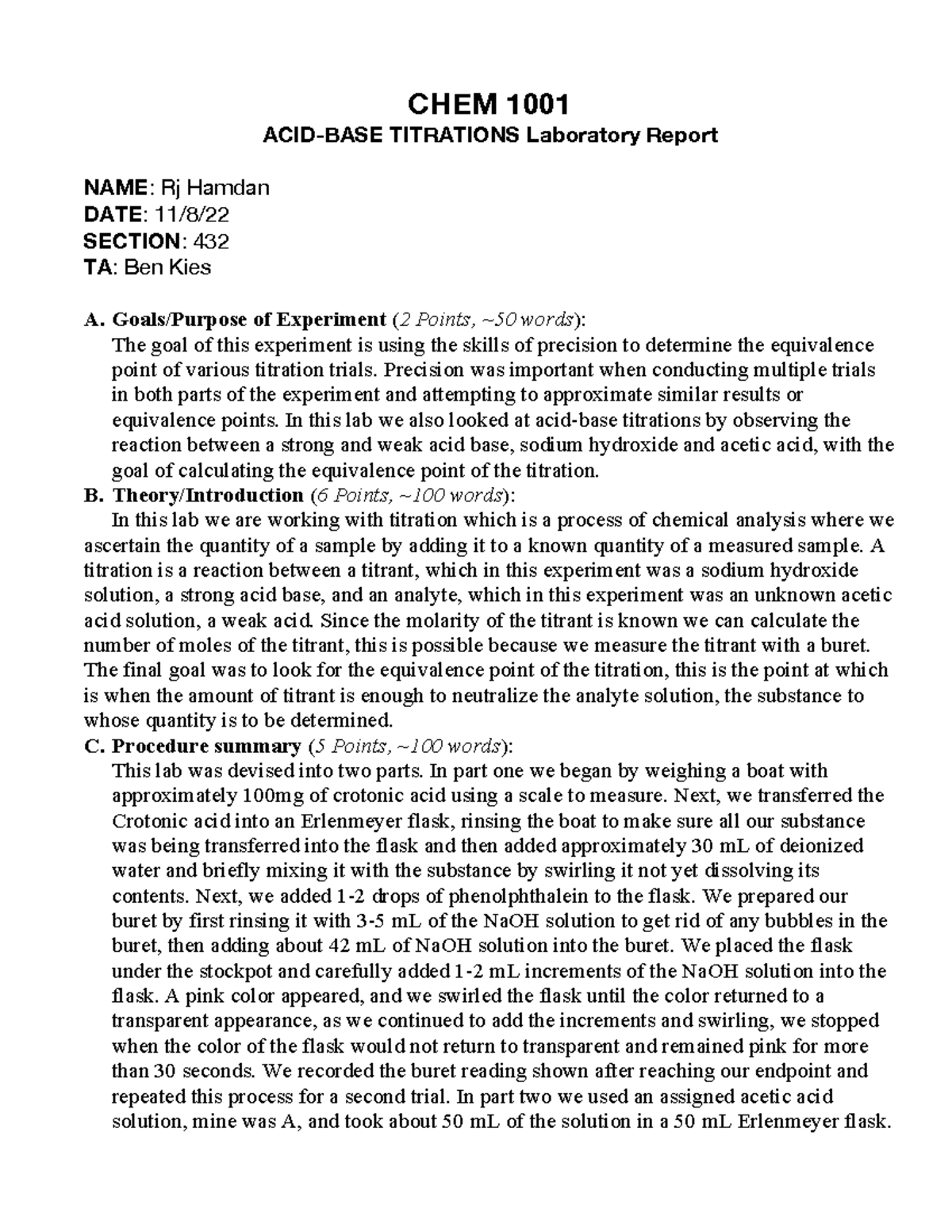 Acid-base titrations Lab Report - CHEM 1001 ACID-BASE TITRATIONS ...
