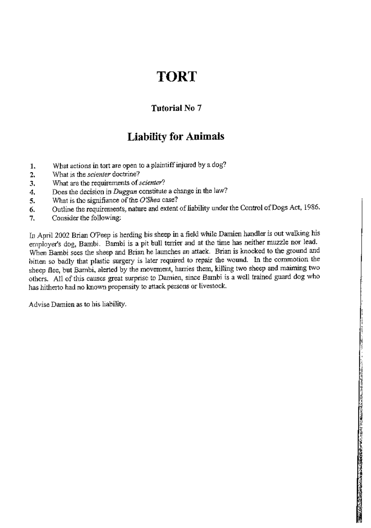 Tutorial 3 Liability for Animals - TORT Tutorial No 7 Liability for ...