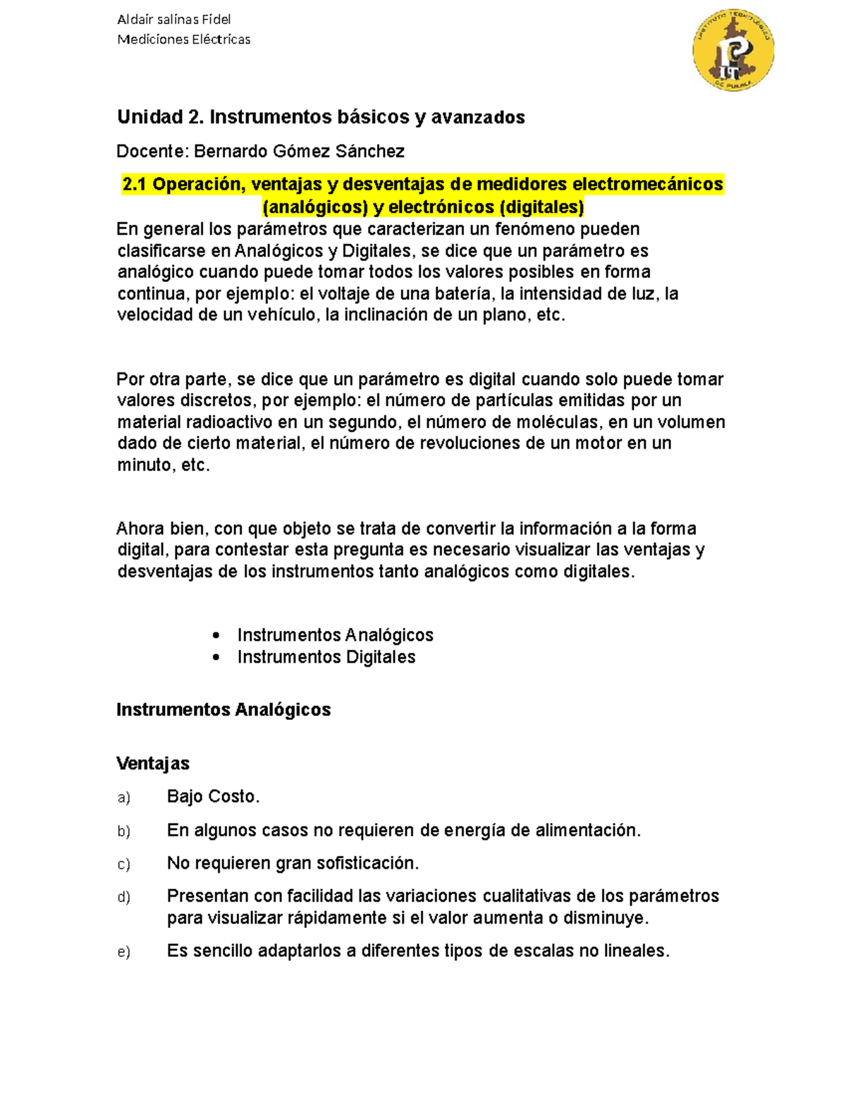 Instrumentos Básicos y Avanzados - Mediciones Eléctricas Unidad 2 ...