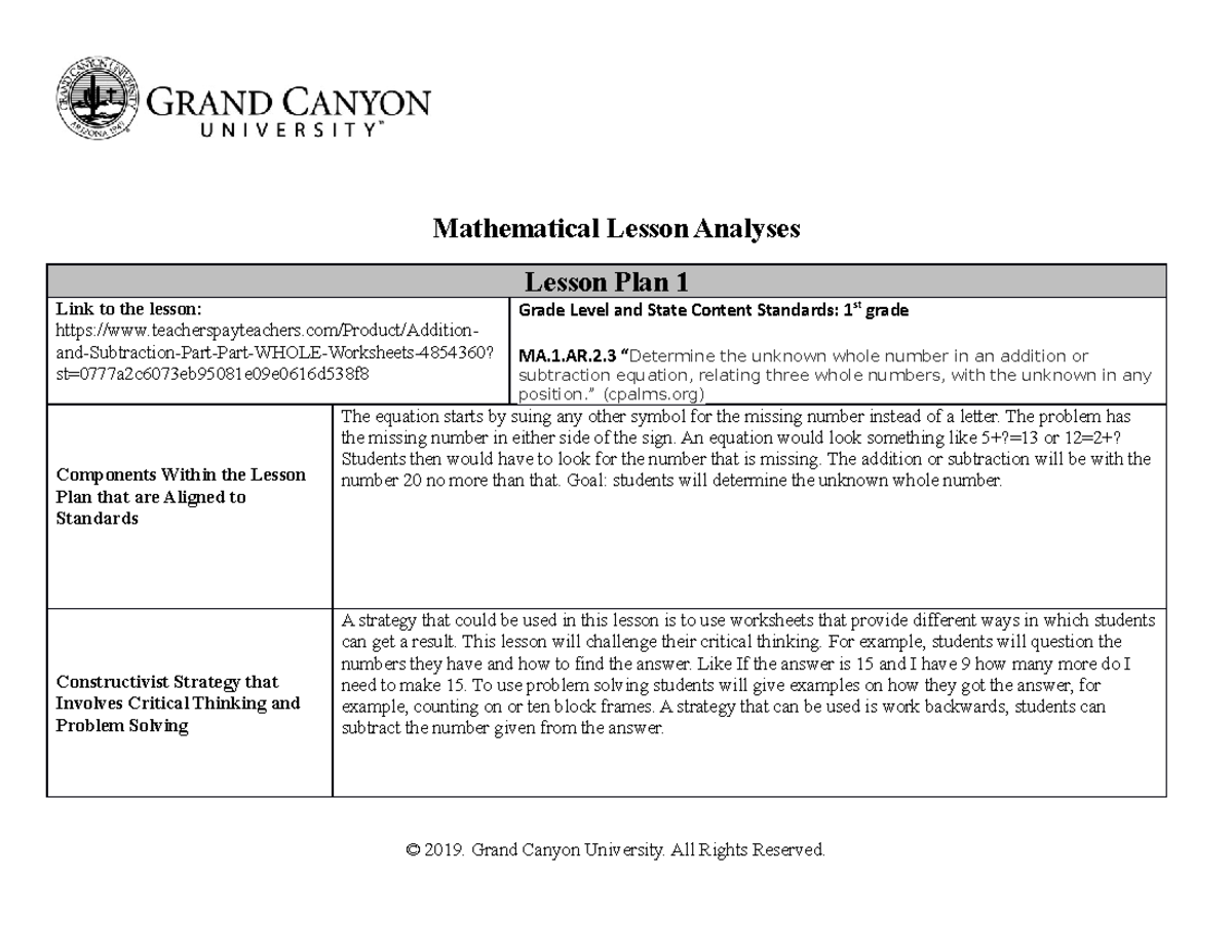 ELM-470-T2-Mathematical Lesson Analysis - Mathematical Lesson Analyses ...