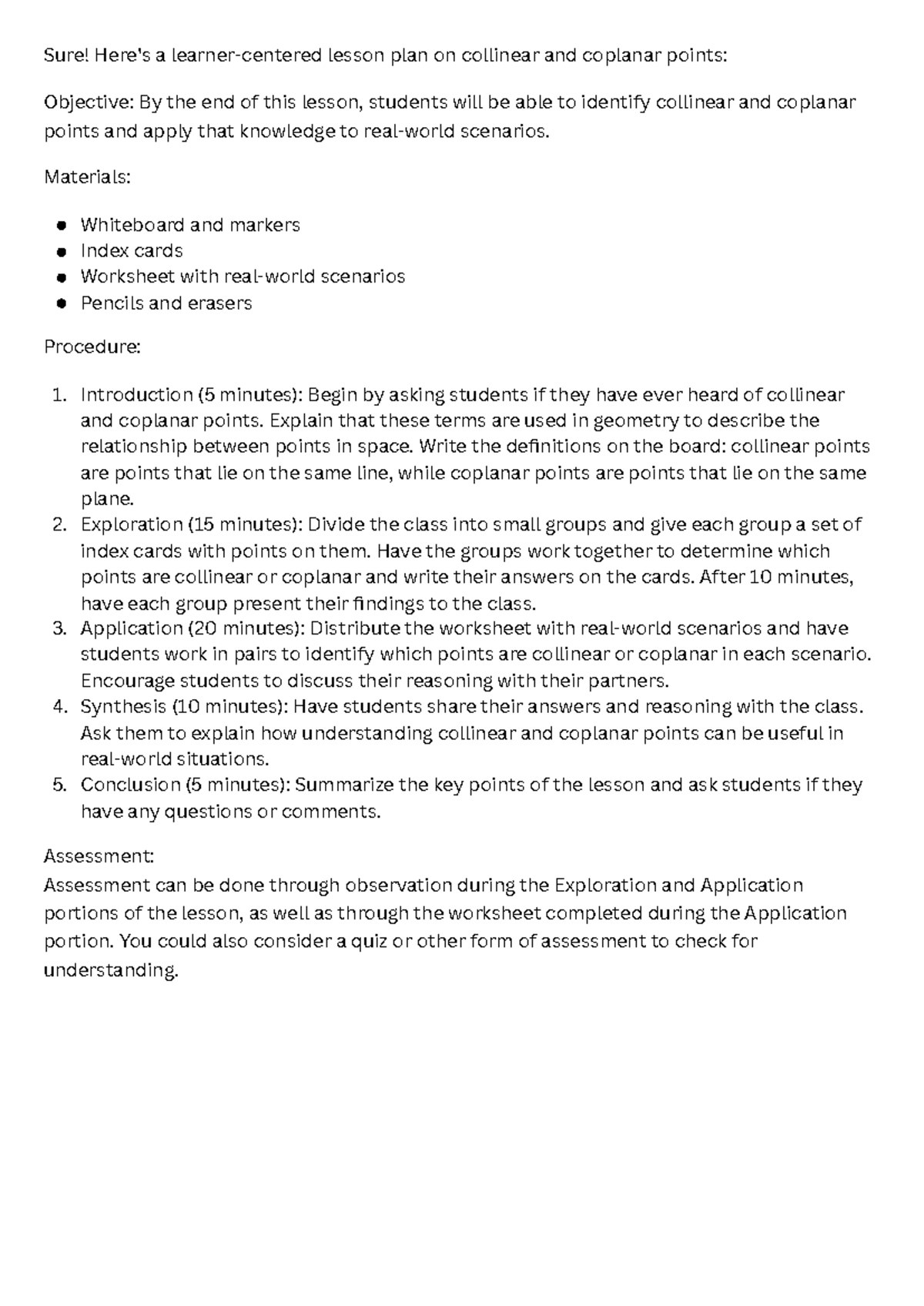 Sure Here's a learner-centered lesson plan on collinear and coplanar ...