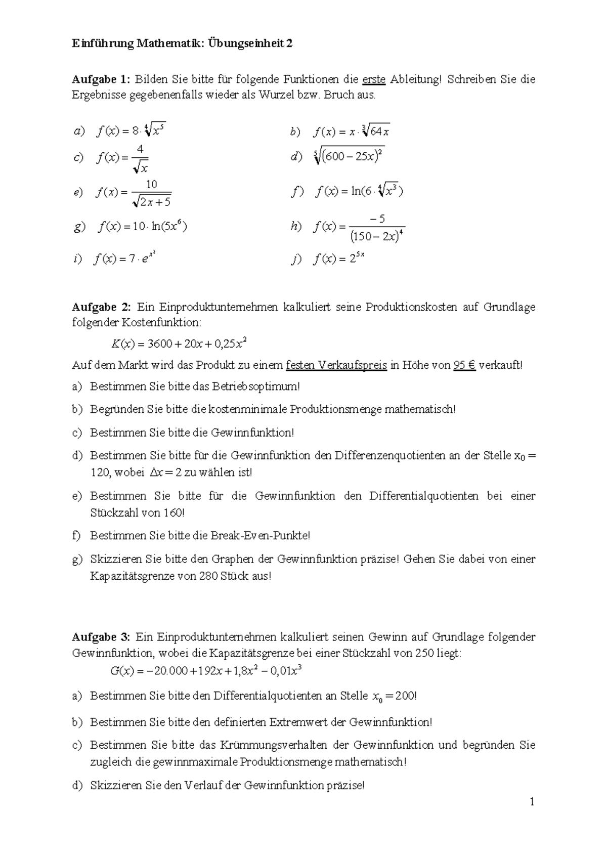 Mathematik Übungen 2 - Einführung Mathematik: Übungseinheit 2 1 Aufgabe ...