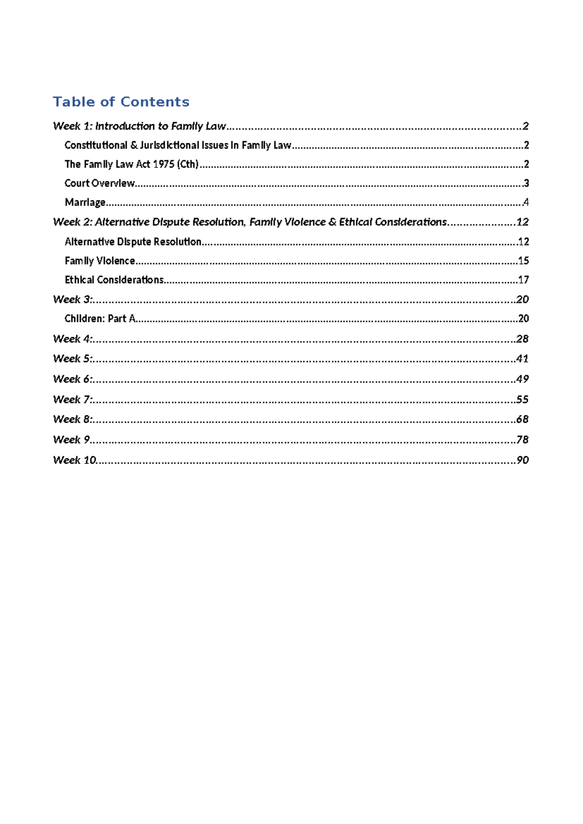 Family Law notes - Table of Contents Week 1: Introduction to Family ...