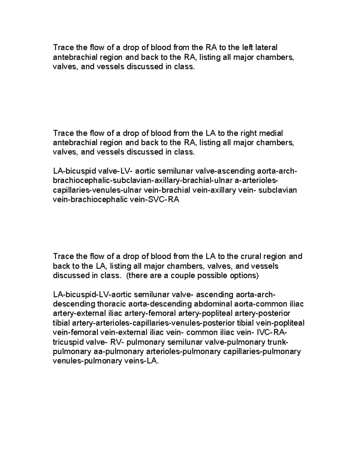 Blood flow worksheet - Trace the flow of a drop of blood from the RA to ...