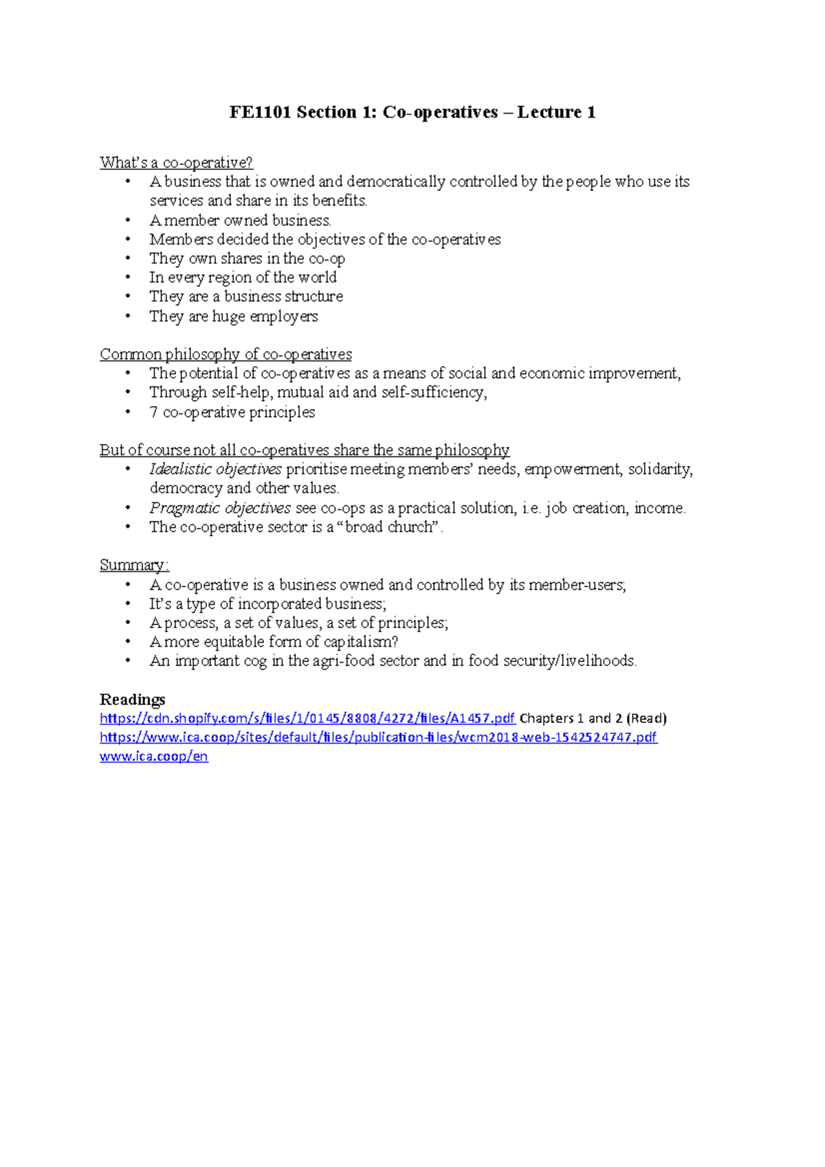 FE1101 Food Business Co-Operative Class Notes - FE1101 Section 1: Co ...