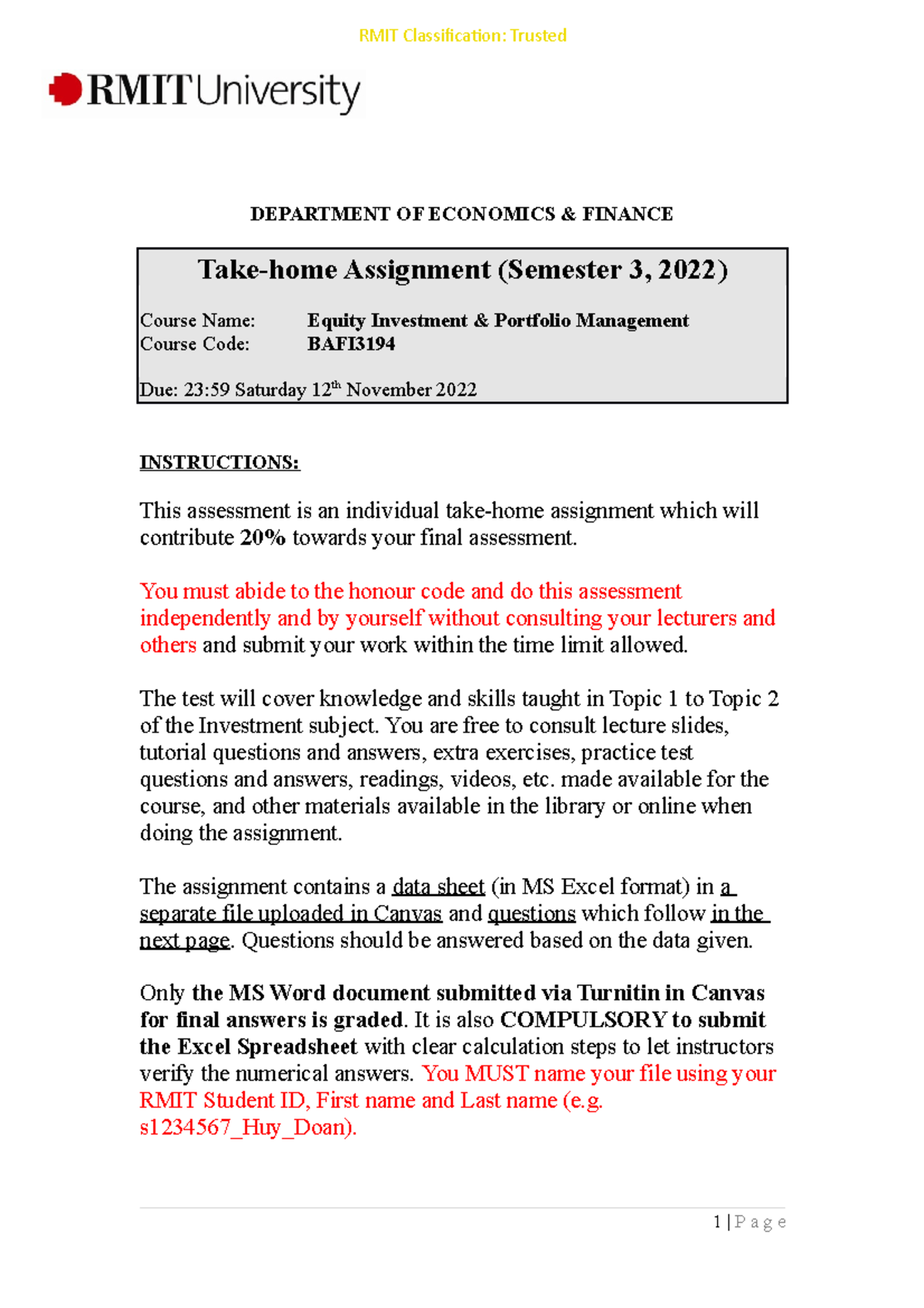 BAFI3194 Take-home assignment S32022 - DEPARTMENT OF ECONOMICS ...