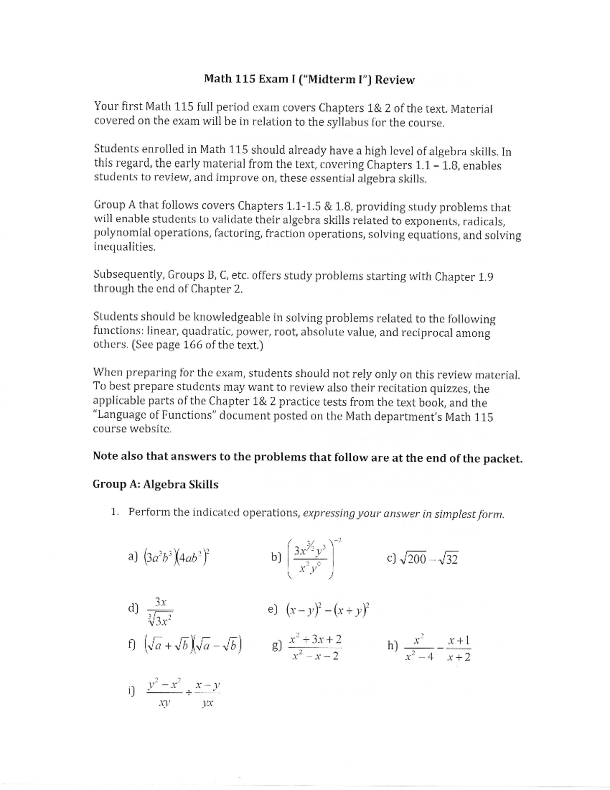 Math 115 Exam I (Midterm I) Review Fall 2020 - PRAC 0705 - Studocu