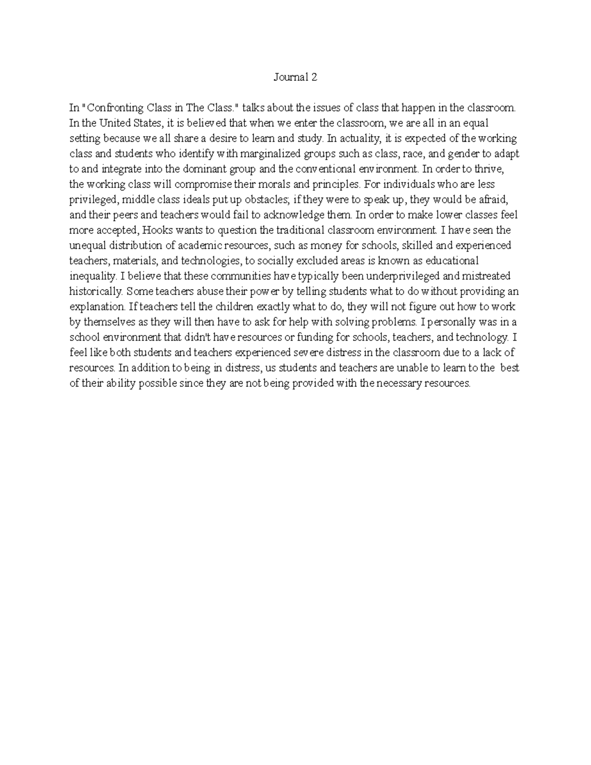 Journal 2 339s - Notes and summaries - Journal 2 In "Confronting Class ...