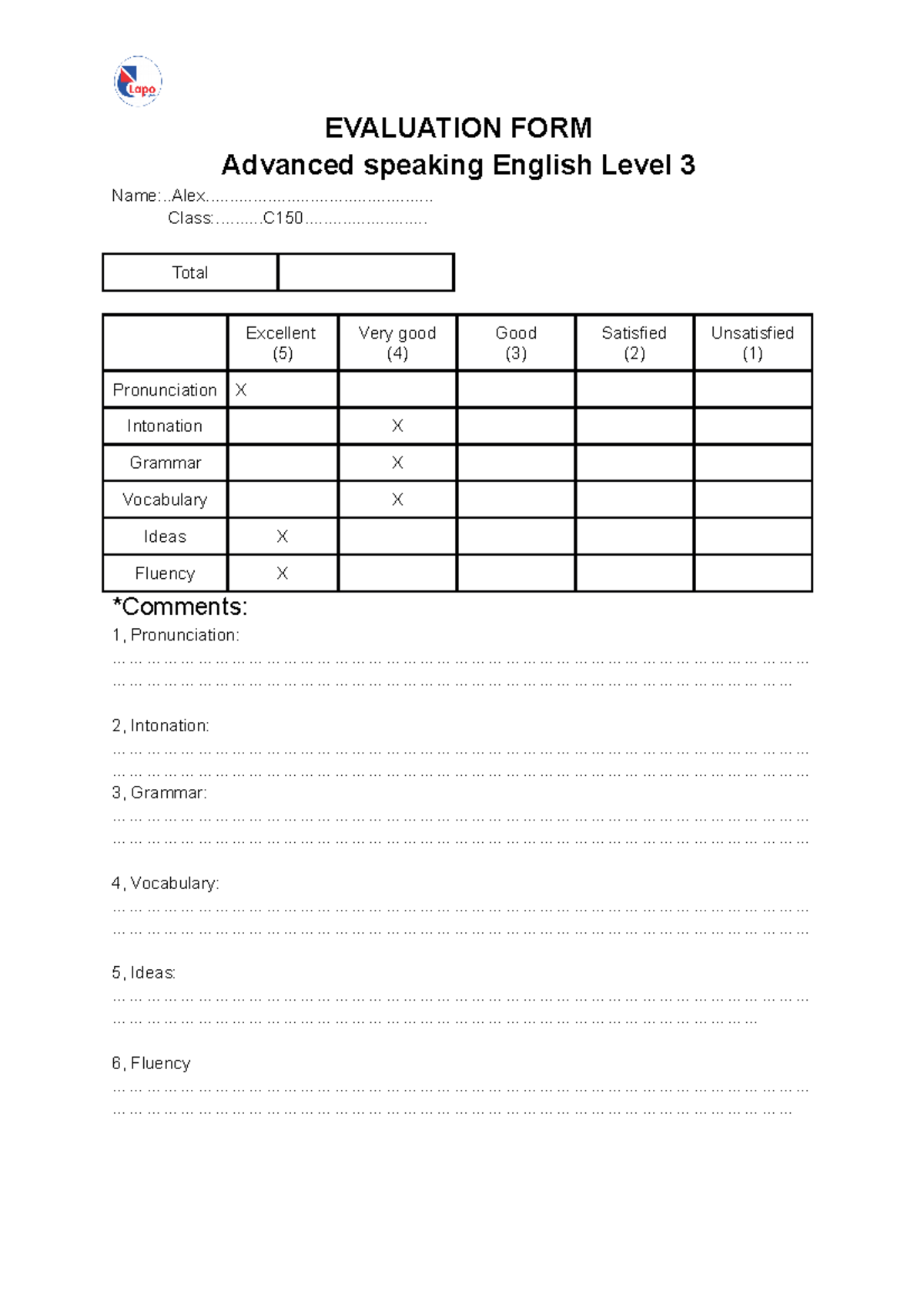 Evaluation-Form Final-Test-C150 - EVALUATION FORM Advanced speaking ...