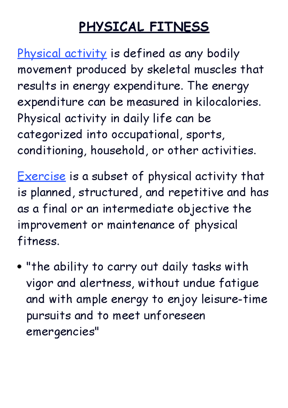 Physical Fitness - lecture - PHYSICAL FITNESS Physical activity is ...