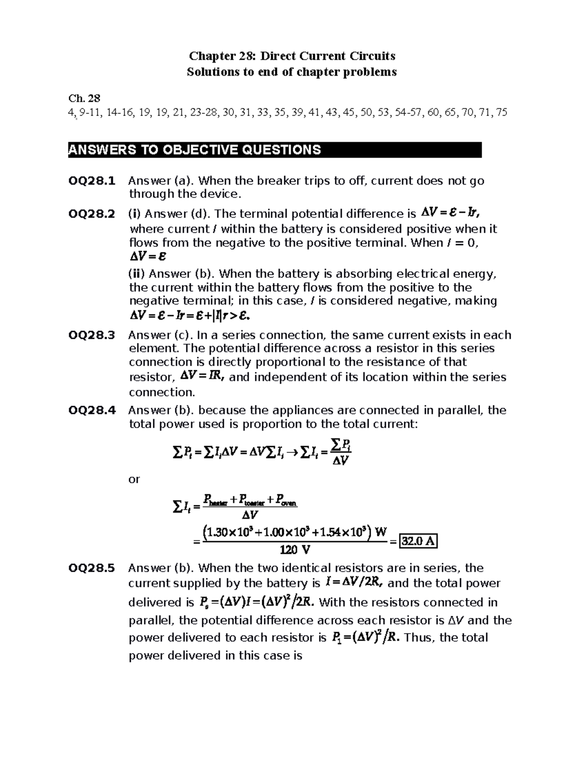 Chap 28 solutions Serway - Chapter 28: Direct Current Circuits Solutions to end of chapter ...