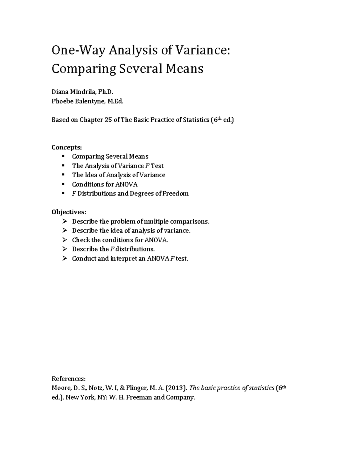 One Way Anova Lecture Notes - One-Way Analysis of Variance: Comparing ...