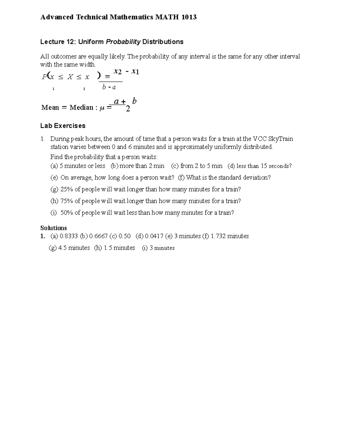 Advancedmath 1013-Lecture 12Lab Questions - Advanced Technical Mathematics MATH 1013 Lecture 12 ...