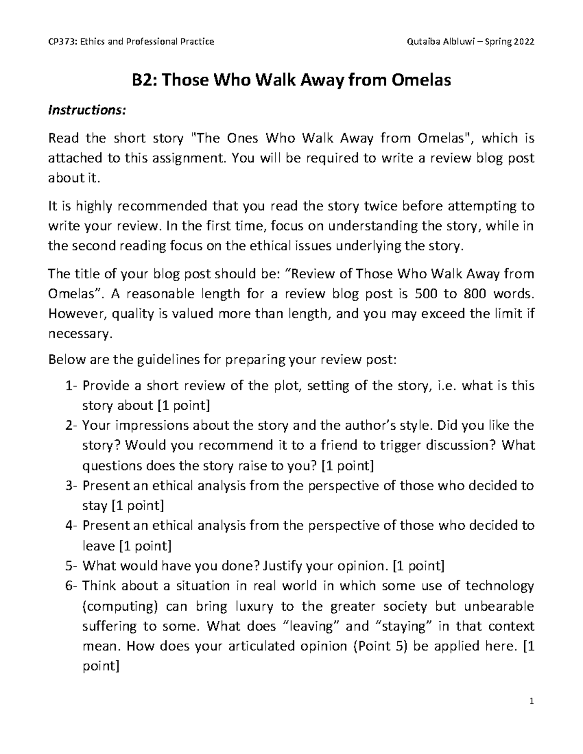 B2 Those who walk away from Omelas CP373 - CP373: Ethics and ...