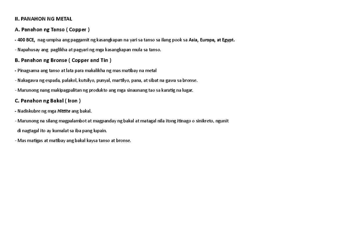 Panahon-ng-metal - Prehistoric time - II. PANAHON NG METAL A. Panahon ...