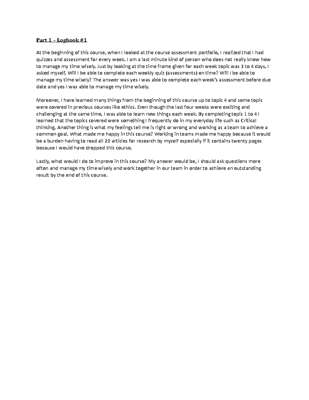 Logbook #1 - Part 1 – Logbook # At the beginning of this course, when I ...