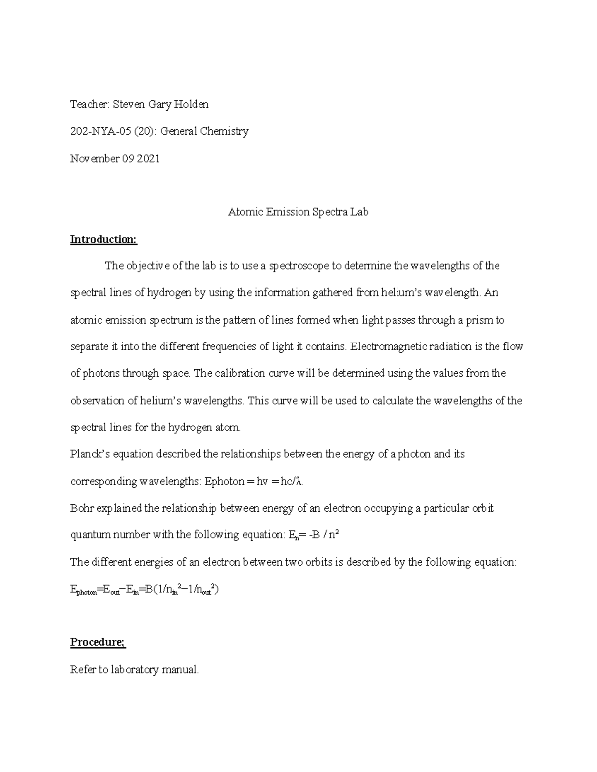 Atomic Spectrum Lab - Teacher: Steven Gary Holden 202-NYA-05 (20 ...