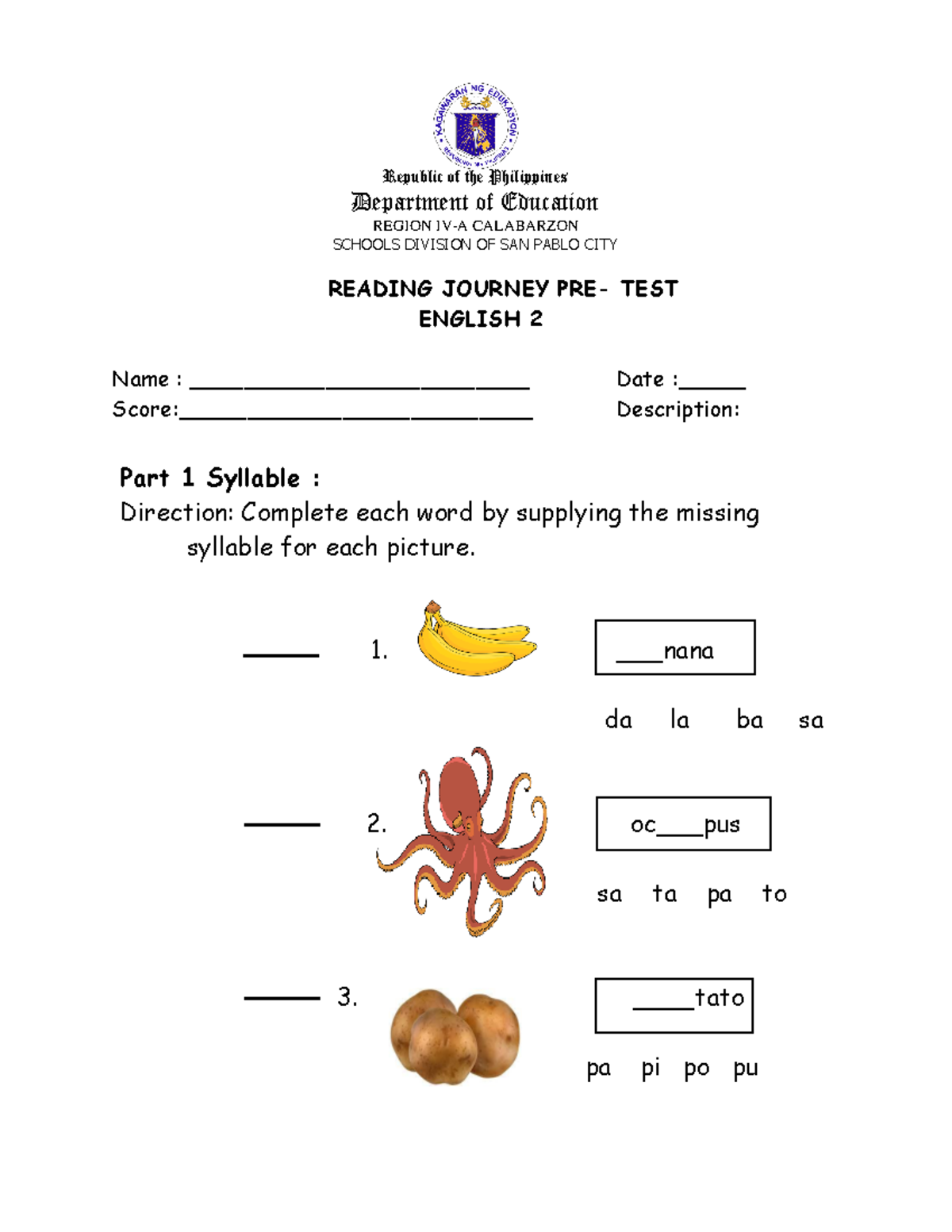 English 2-Pre-Test- Literacy - Republic of the Philippines Department ...